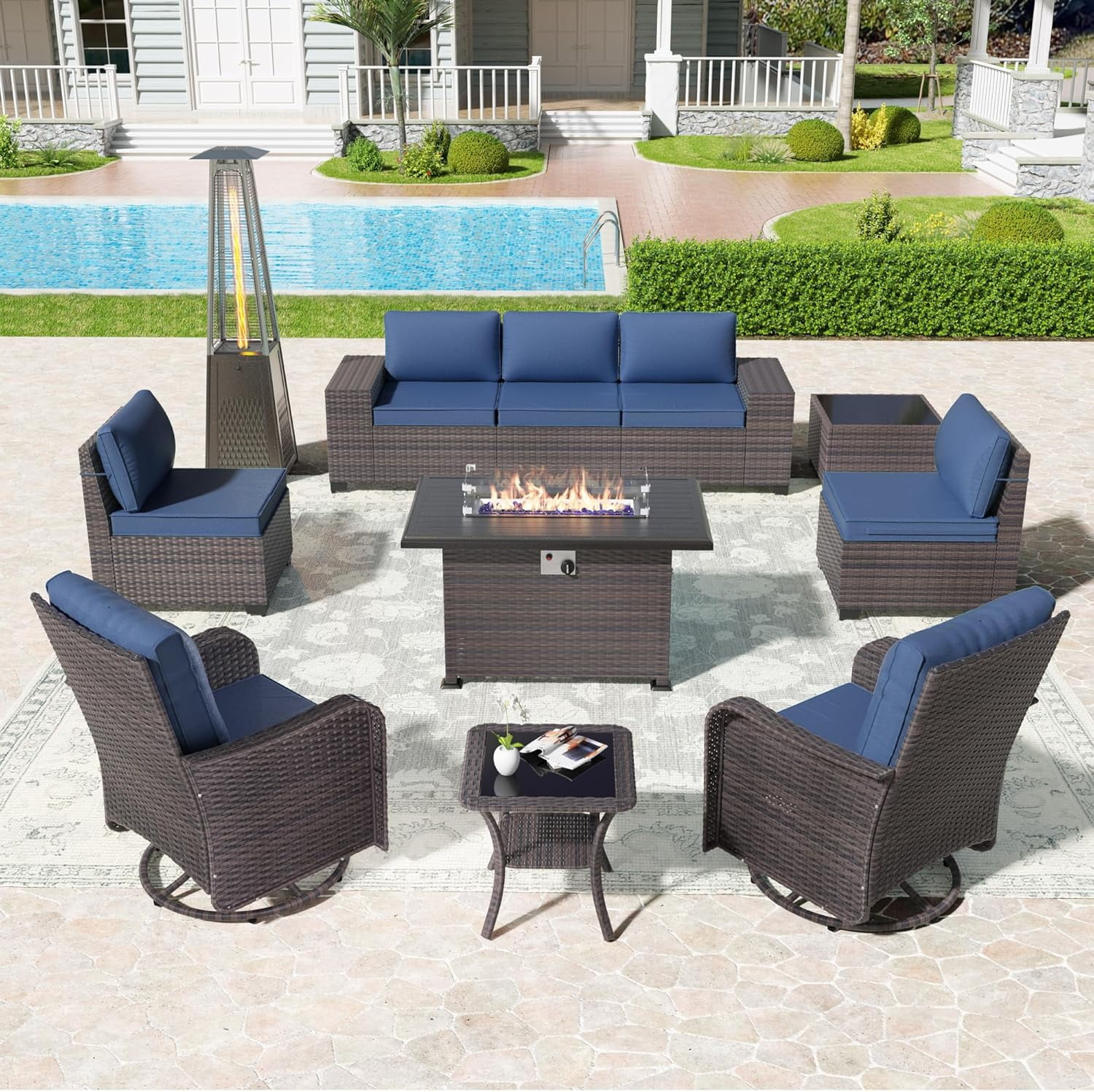 Kullavik 11 Pieces Outdoor Patio Furniture Set with Gas Propane Fire Pit Table,PE Wicker Rattan ...