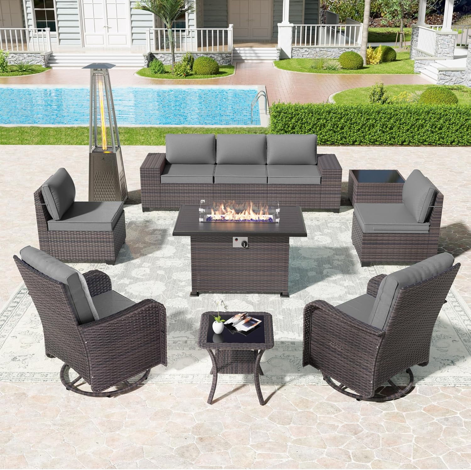 Kullavik 11 Pieces Outdoor Patio Furniture Set with Gas Propane Fire ...