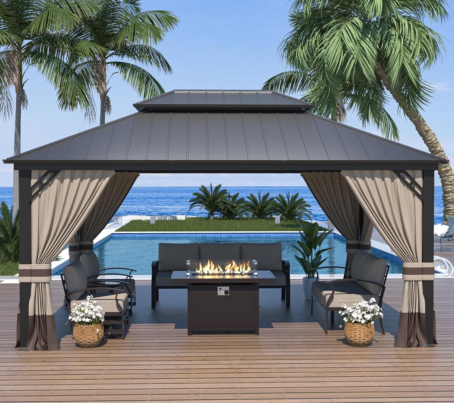 Kullavik 12'x16' Hardtop Gazebo, Outdoor Double Roof Canopy with ...