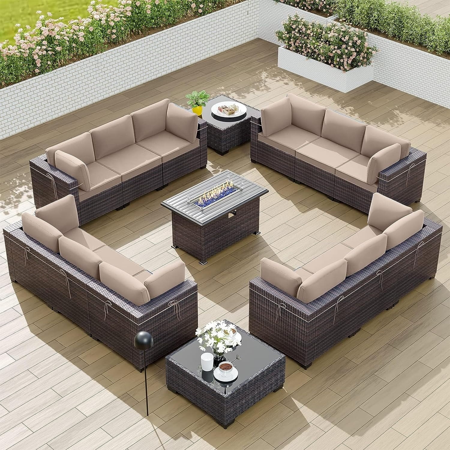 Kullavik 15PCS Sectional Sofa Set with Fire Pit Conversation & Glass ...