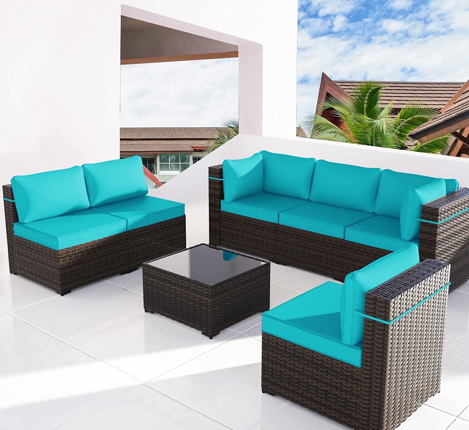 Kullavik 7-Piece Blue Patio Set, PE Rattan Wicker Sofa with Coffee ...