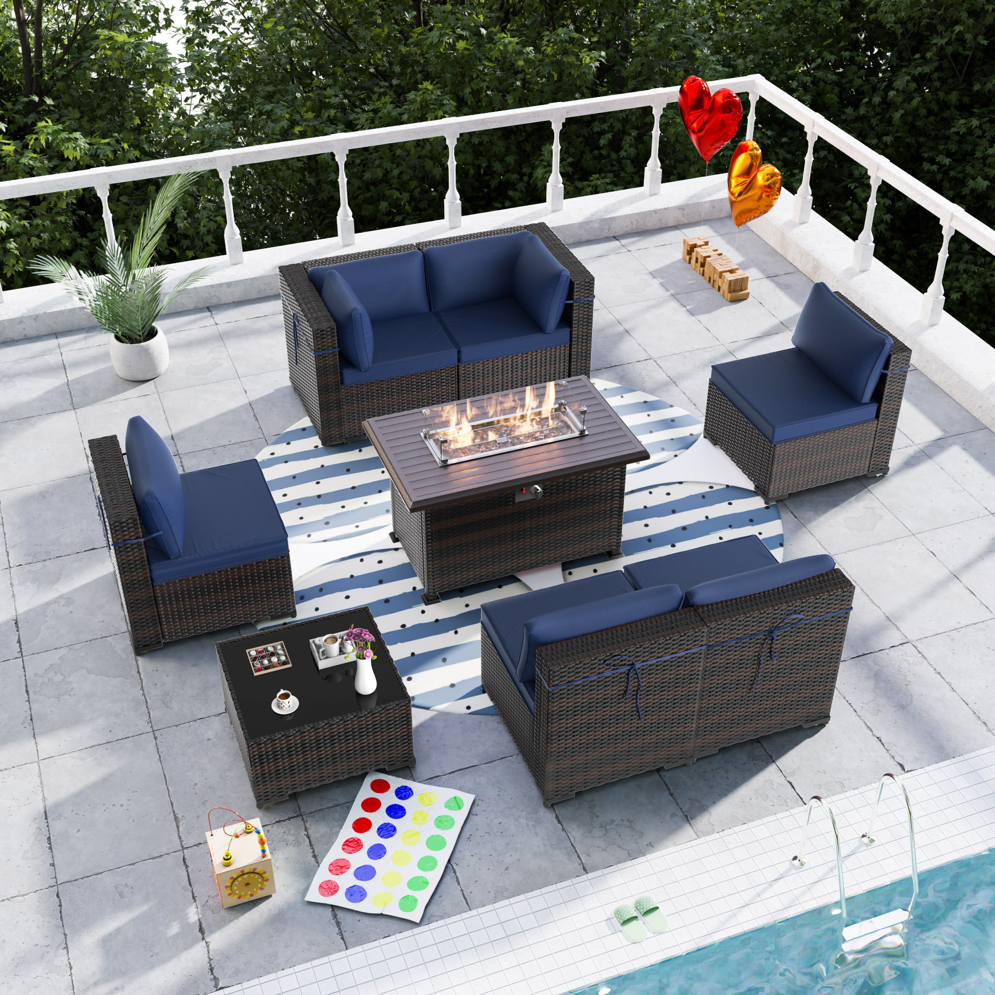 Hanover Strathmere 6-Piece Fire Pit Lounge Set with Glazed Faux-Wood ...