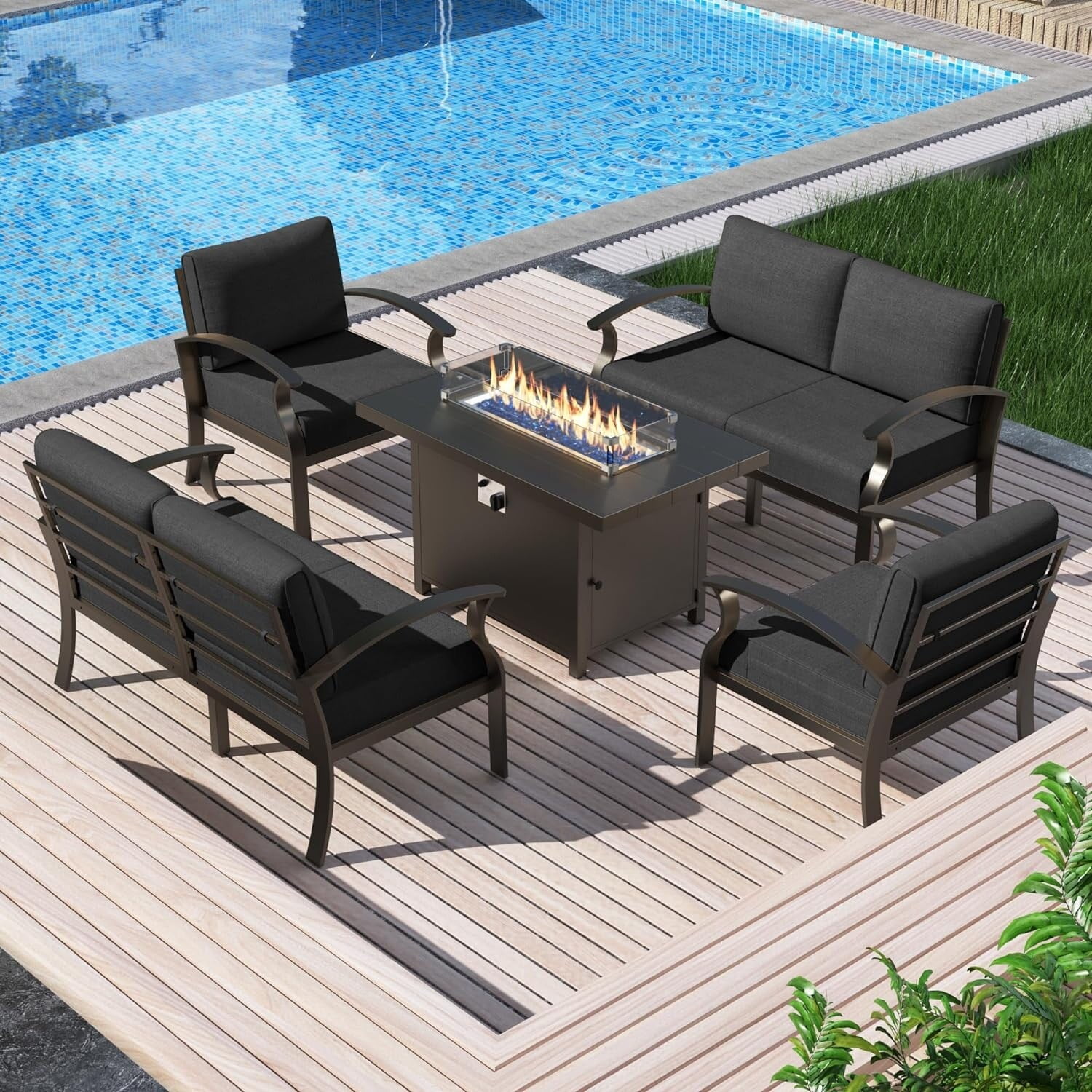 Kullavik Aluminum Outdoor Patio Furniture with Curved Armrests & Firepit Table 6 seatA w/Firepit ...