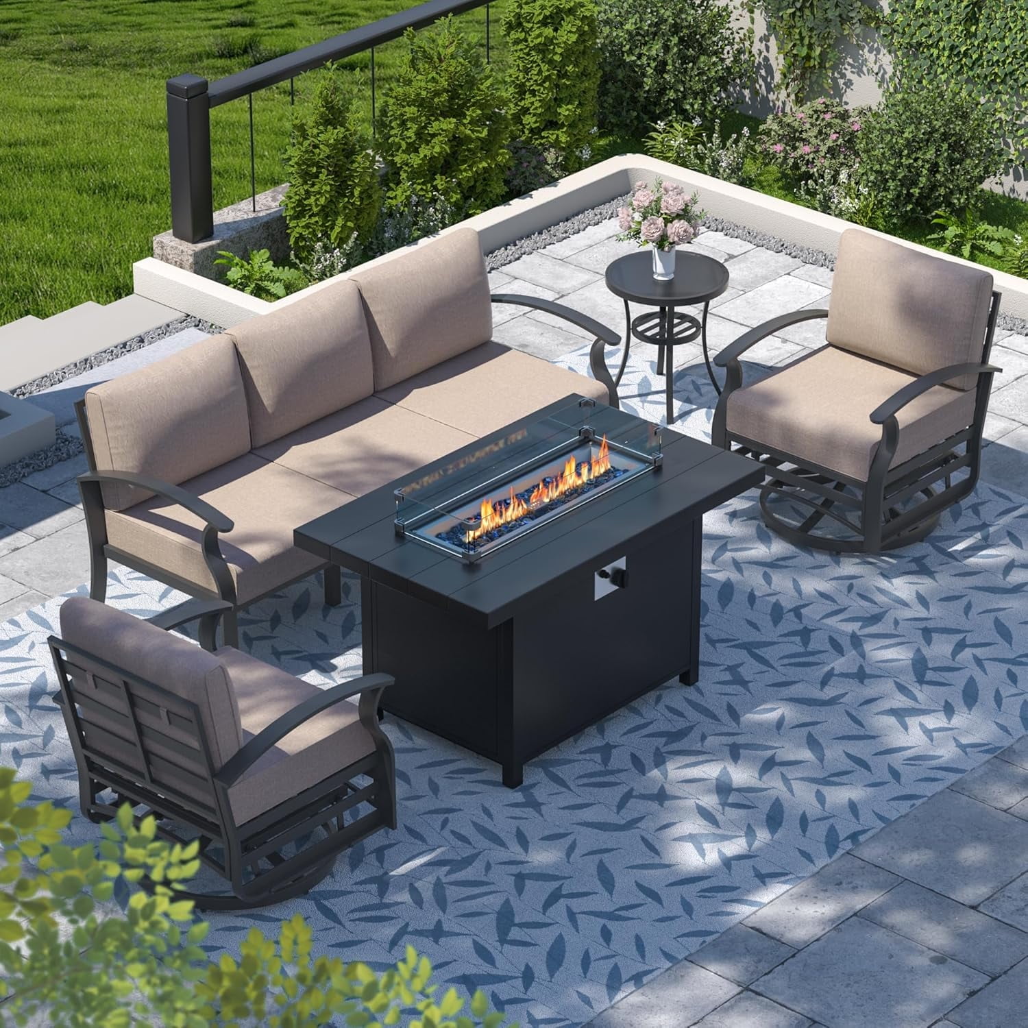 Kullavik Aluminum Patio Furniture Set with Fire Pit Table, 5 Seats ...