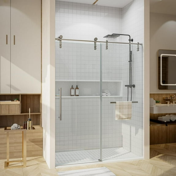 "Kullavik Frameless Sliding Shower Door, 56-60"" W x 75"" H, 5/16"" Clear Tempered Glass ...