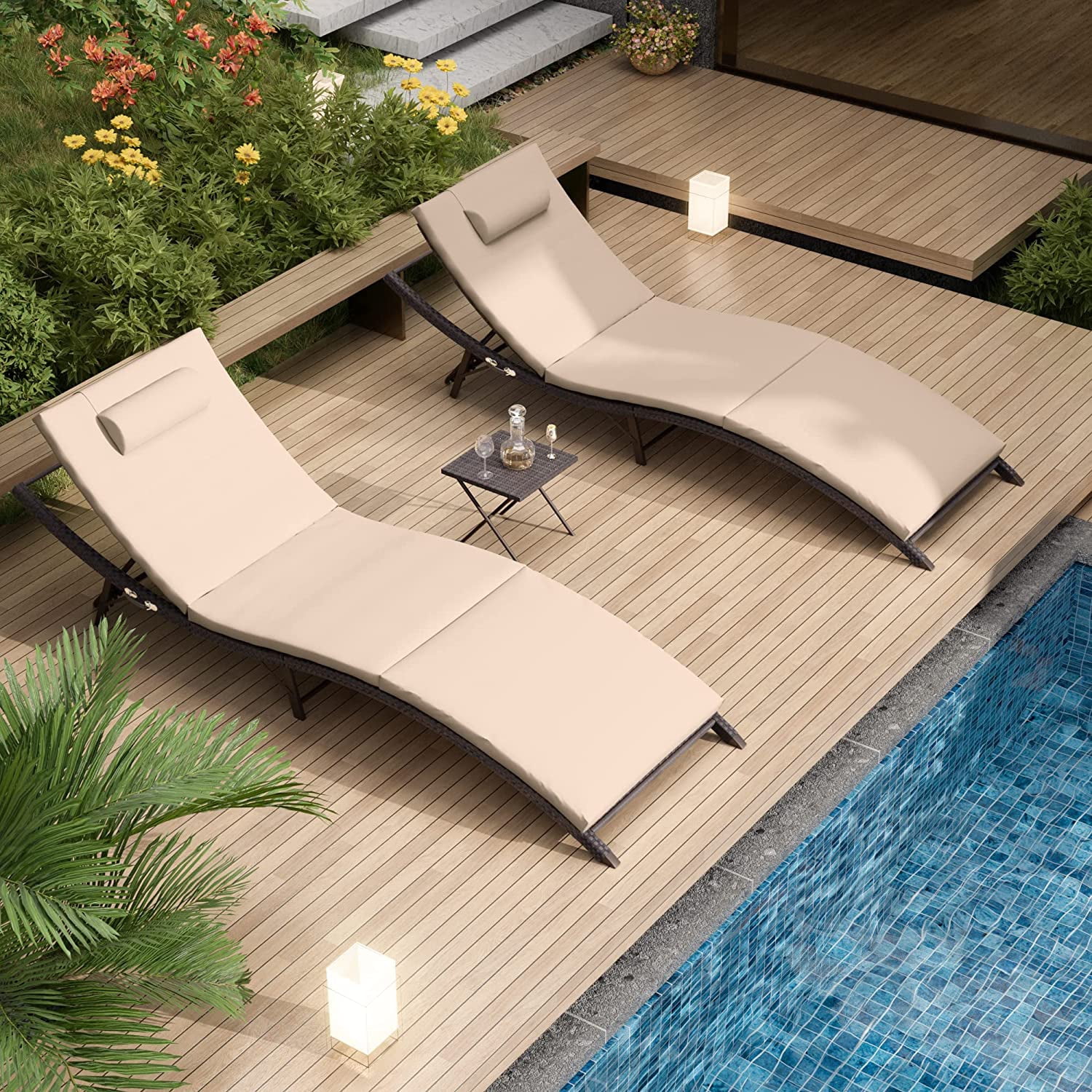 Kullavik 3-Piece Patio Chaise Lounge Set with Table, Outdoor Wicker ...