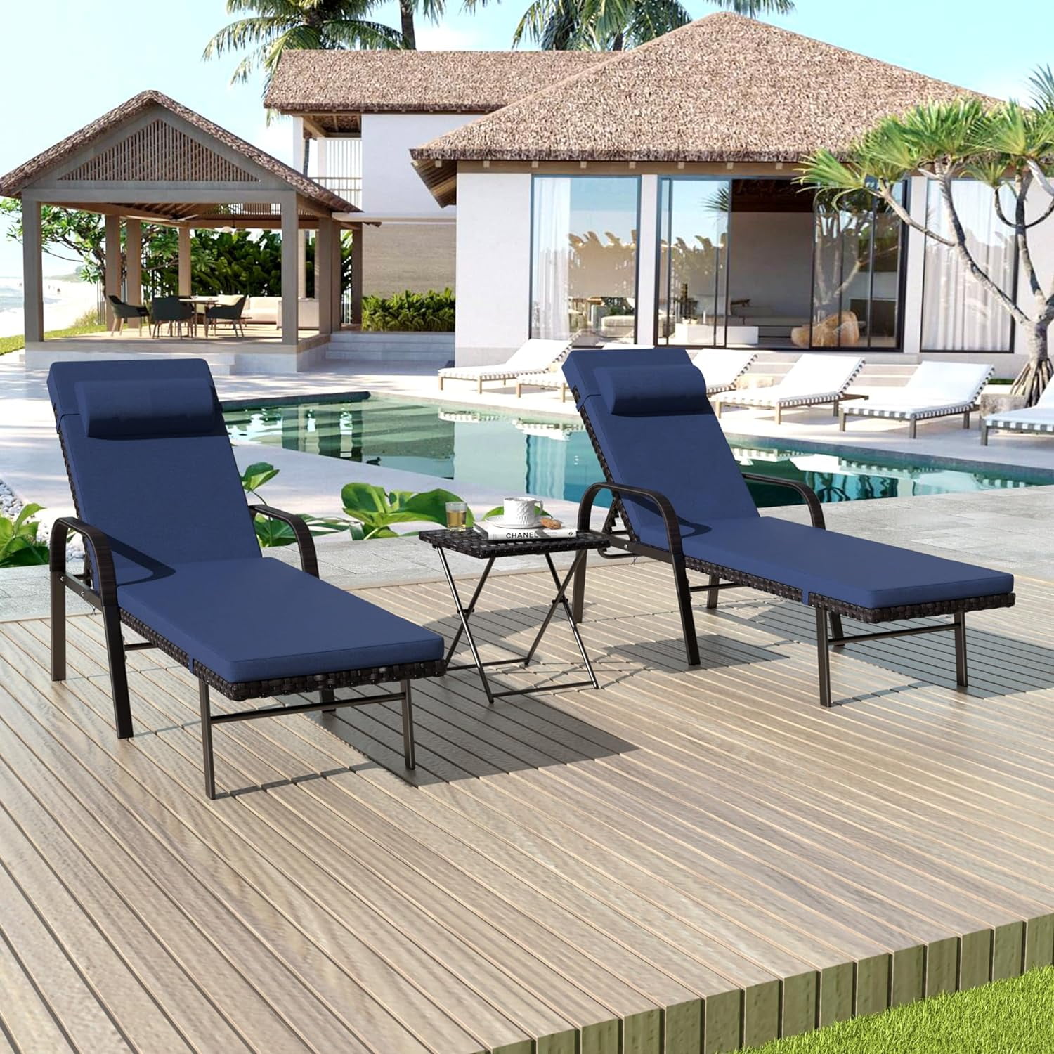 Kullavik Patio Chaise Lounge Set 3 Pieces Outdoor Lounge Chair, Rattan ...