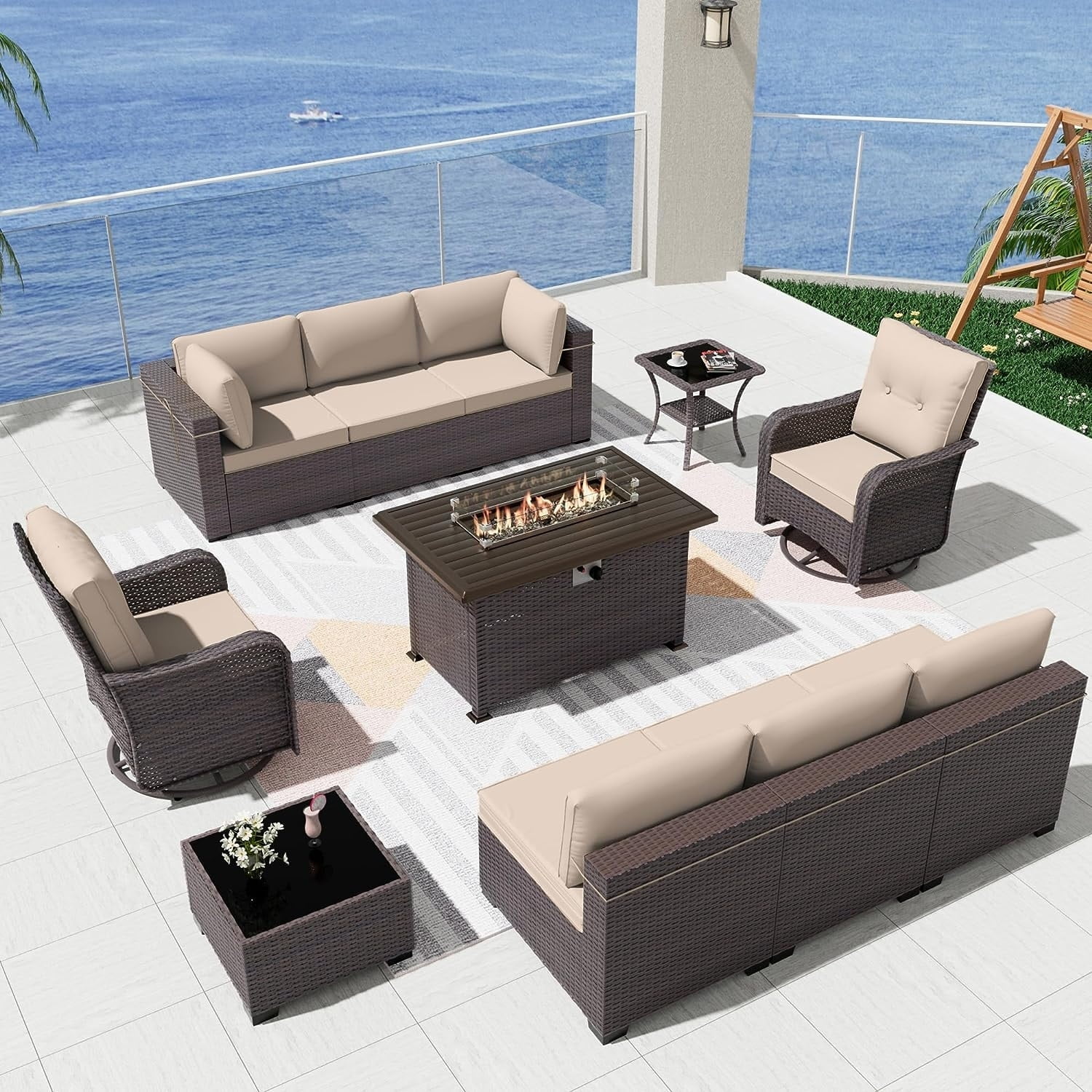 Kullavik Patio Furniture Sectional Sofa Set, PE Rattan Swivel Rocking ...