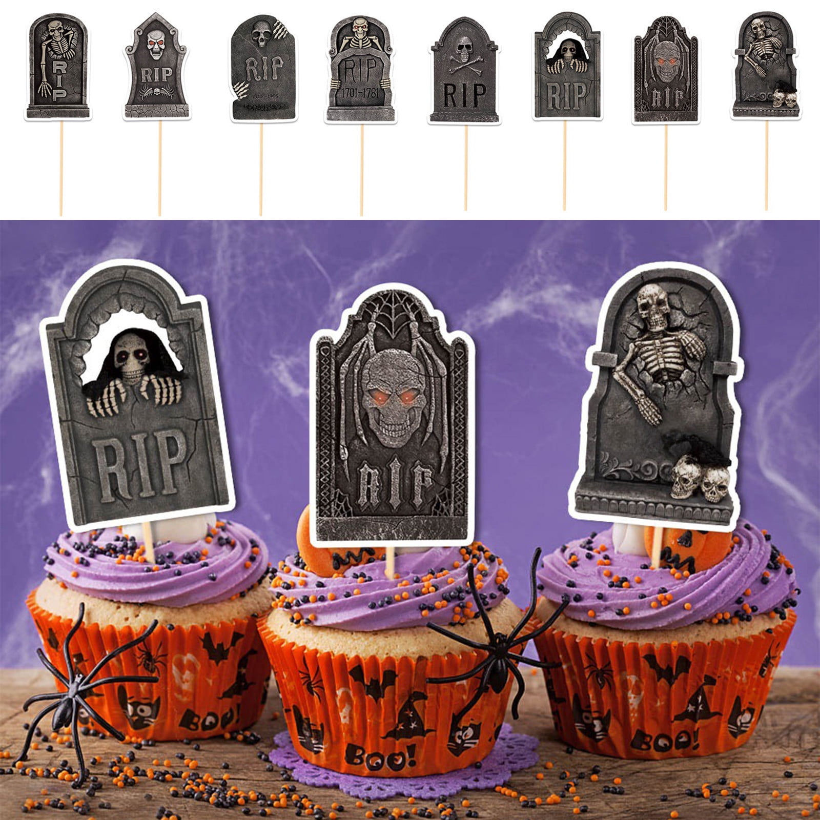 Kumdkd 8-Pack Halloween Cake Toppers - 2 Inch Tombstone Cupcake Inserts ...