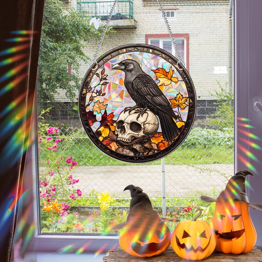 Kumdkd Halloween Crow & Skull Light Catcher - Spooky Acrylic Sun ...