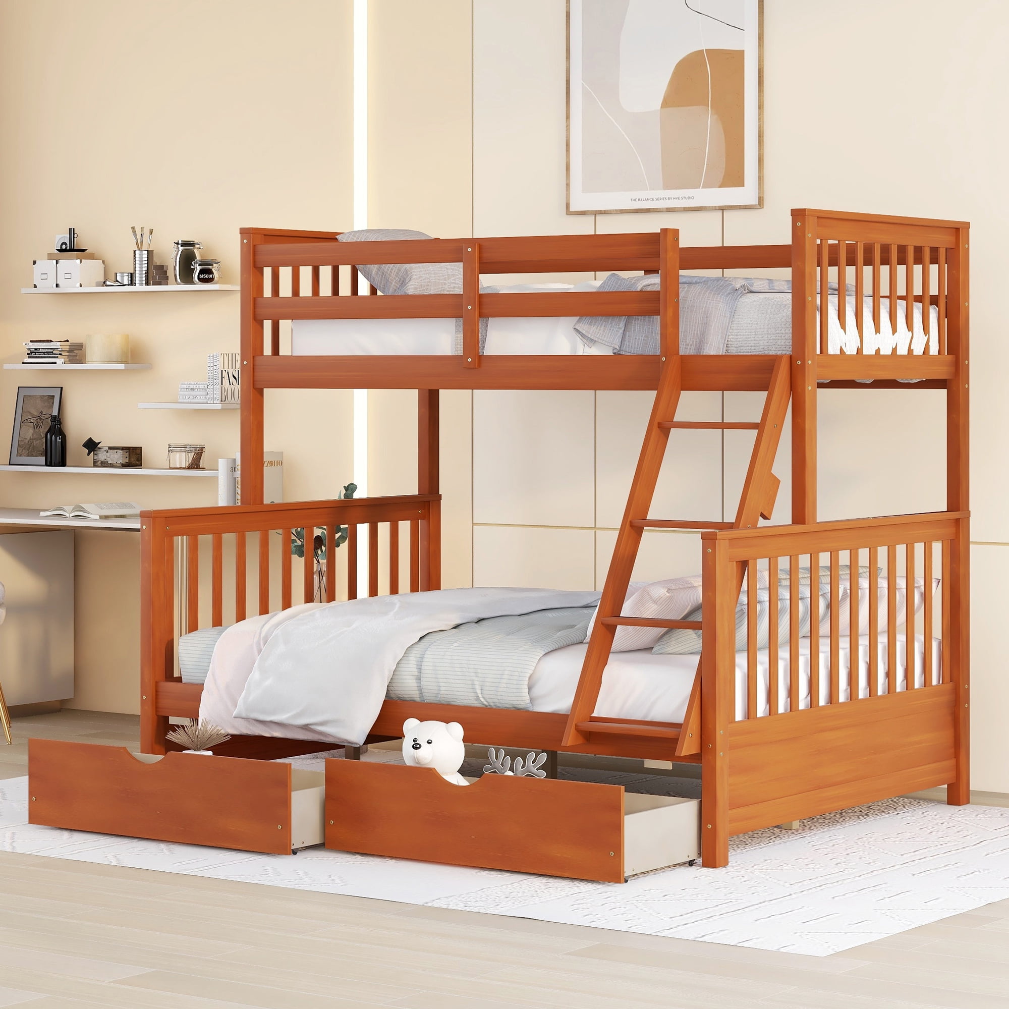 Kumix Bunk Bed with Drawers, Twin over Full Bunk Bed with Full Length ...