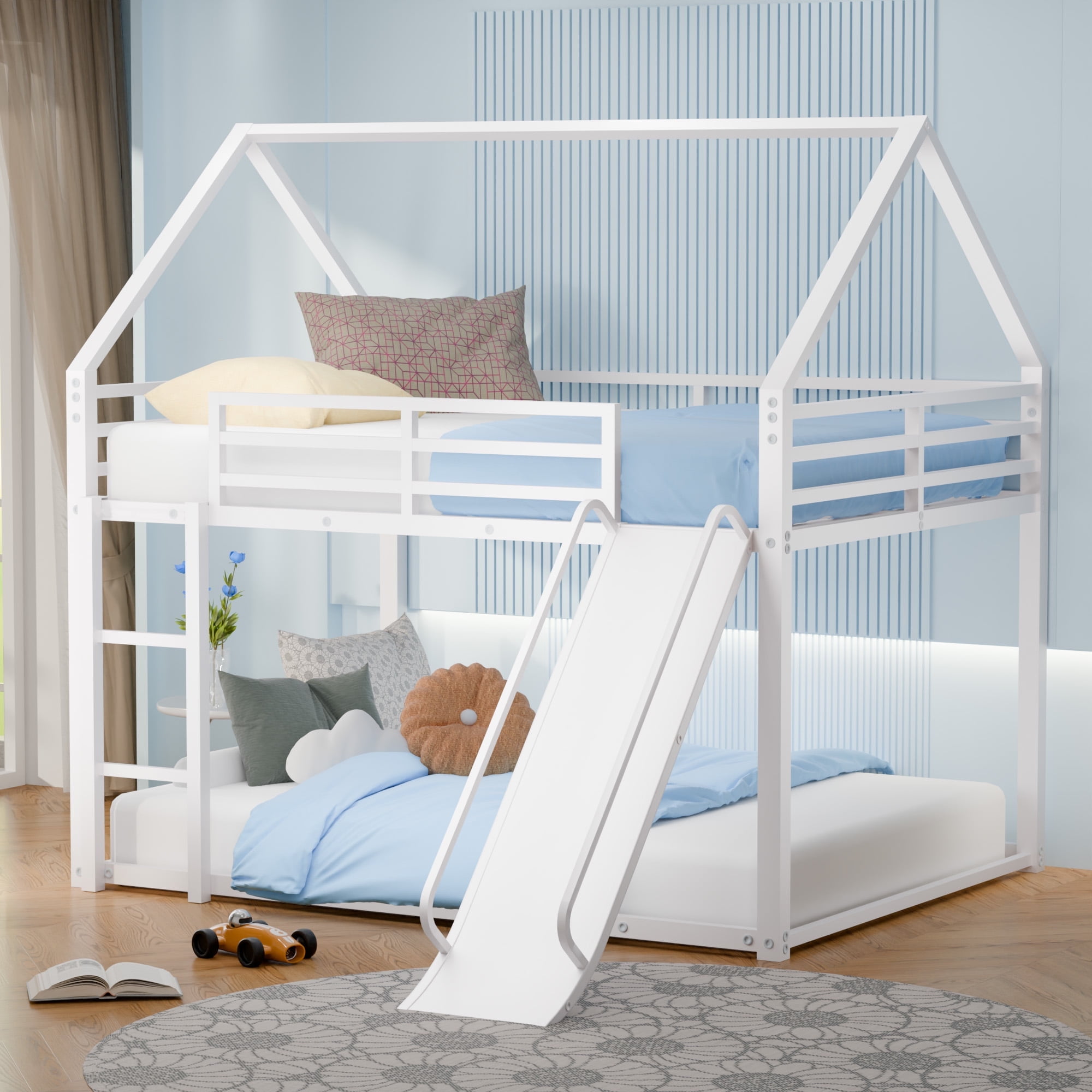 Jump Into Fun Twin over Twin Bunk Bed with Slide, Safety Guardrails ...