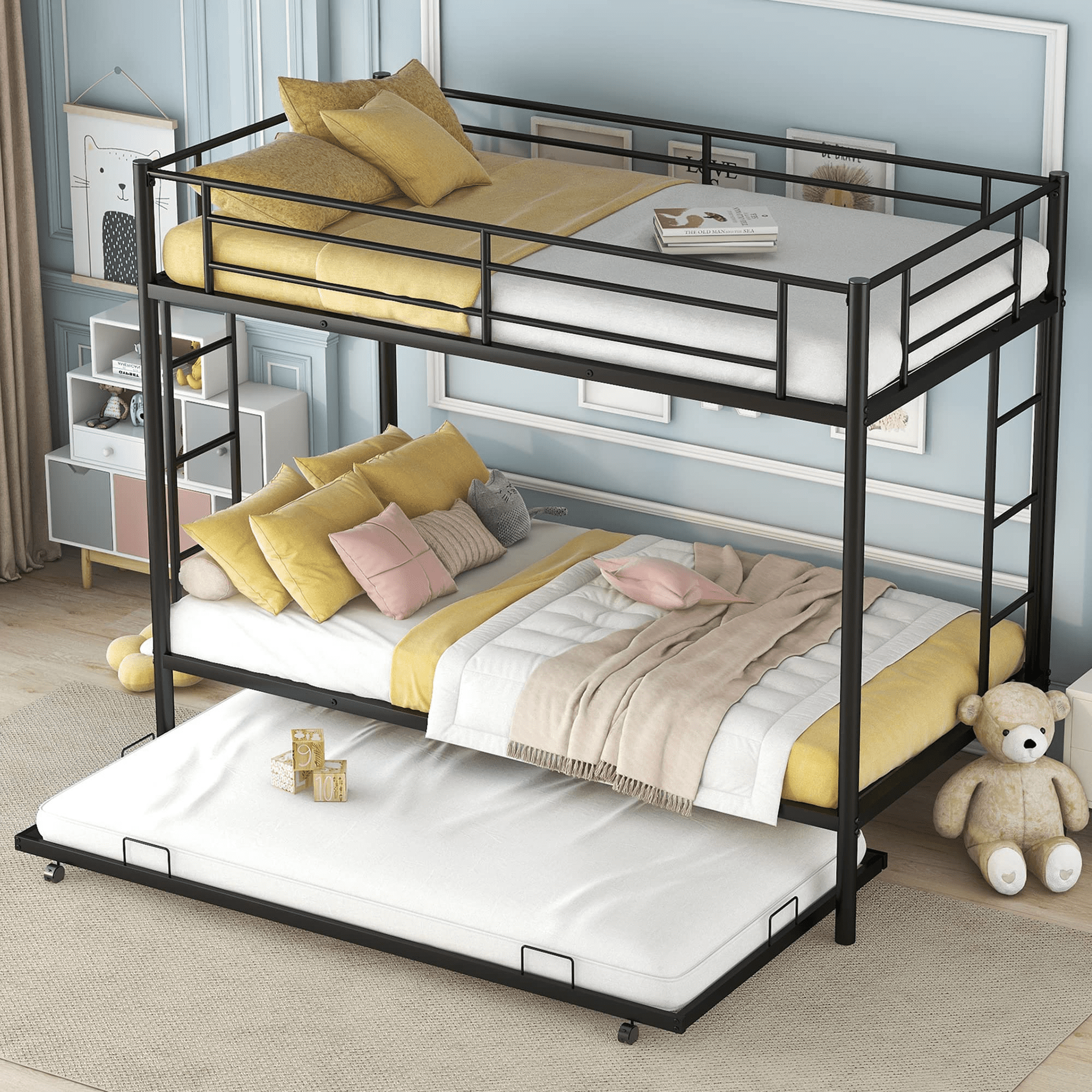 Kumix Bunk Bed Twin Over Twin, Metal Twin Bunk Bed with Trundle for 3 ...