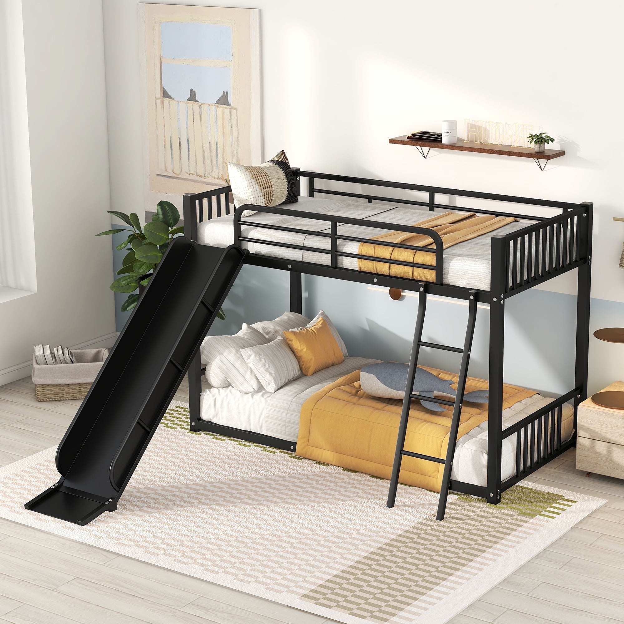 Jump Into Fun Kids Metal Bunk Beds, Twin over Twin with Slide, Low ...