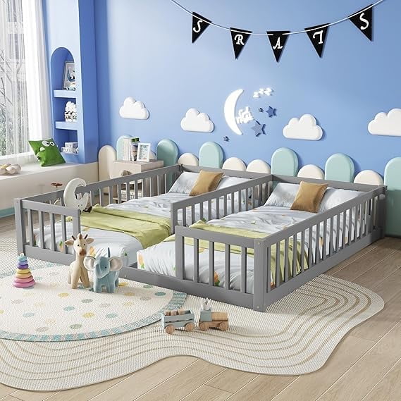 Kumix Double Floor Bed with Fence Guardrails, Wood Double Twin Floor Beds for Kids, Twins, Floor ...