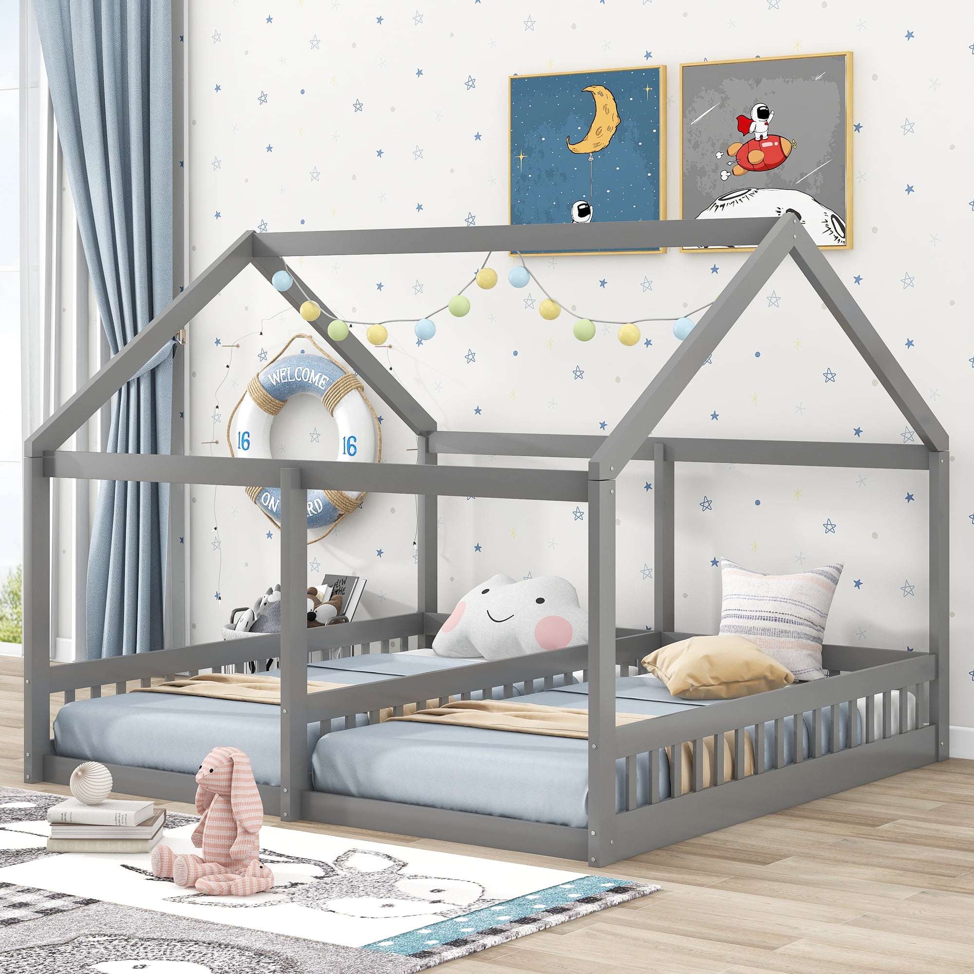 Kumix Double Floor Beds Twin Size, Wooden House Floor Beds with Roof ...