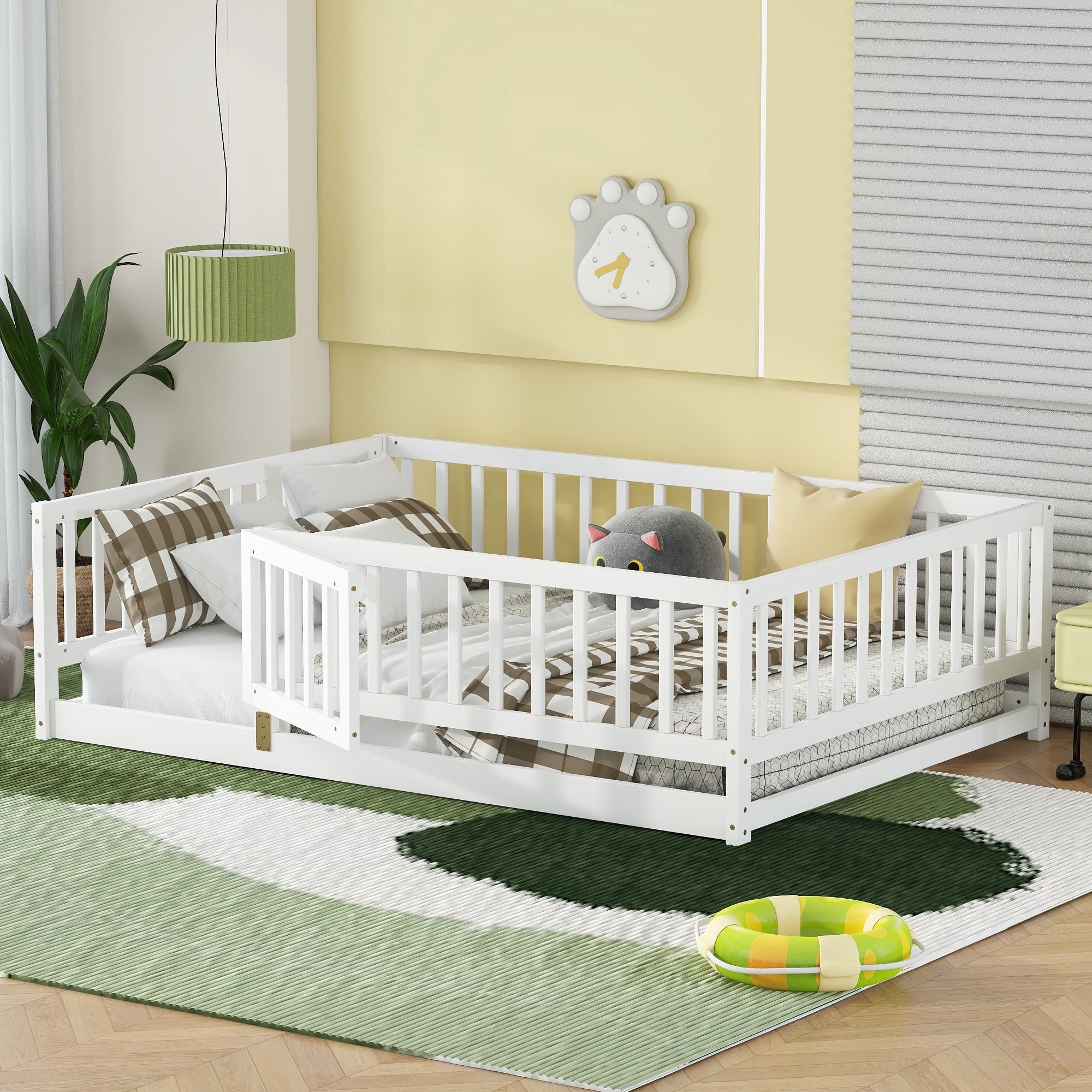 Kumix Floor Bed with Fence and Door, Wooden Full Size Montessori Floor ...