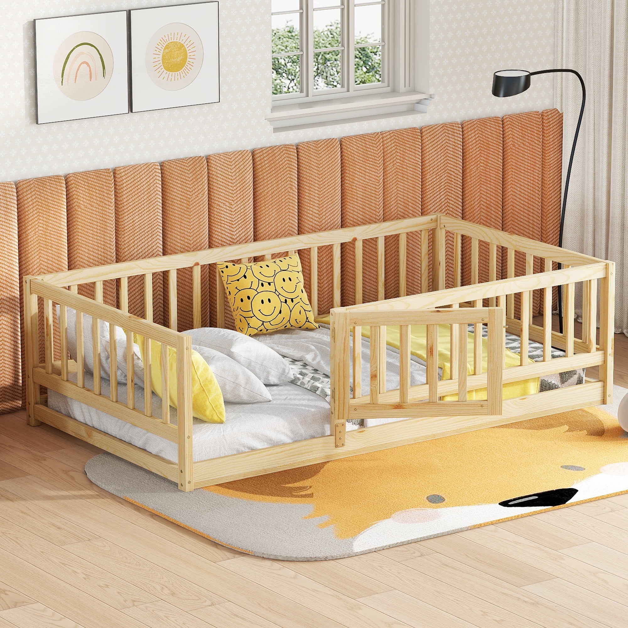Kumix Floor Bed with Fence and Door, Wooden Twin Size Montessori Floor ...