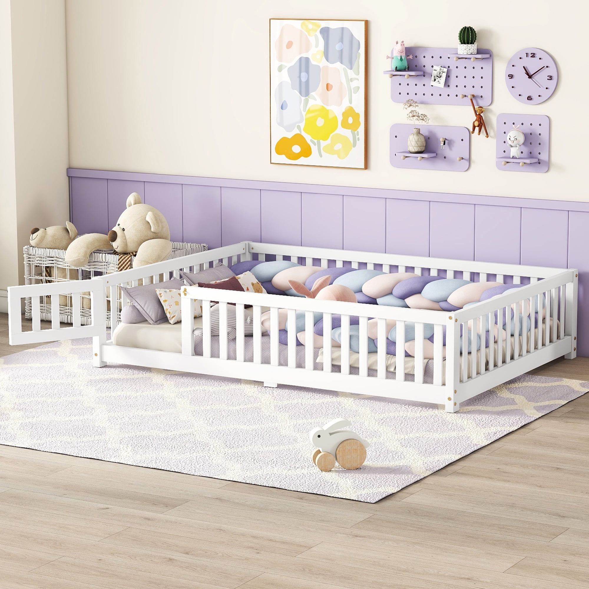 Kumix Floor Bed Full Size, Toddler Bed for Kids Aged 1-3 with Fence and ...