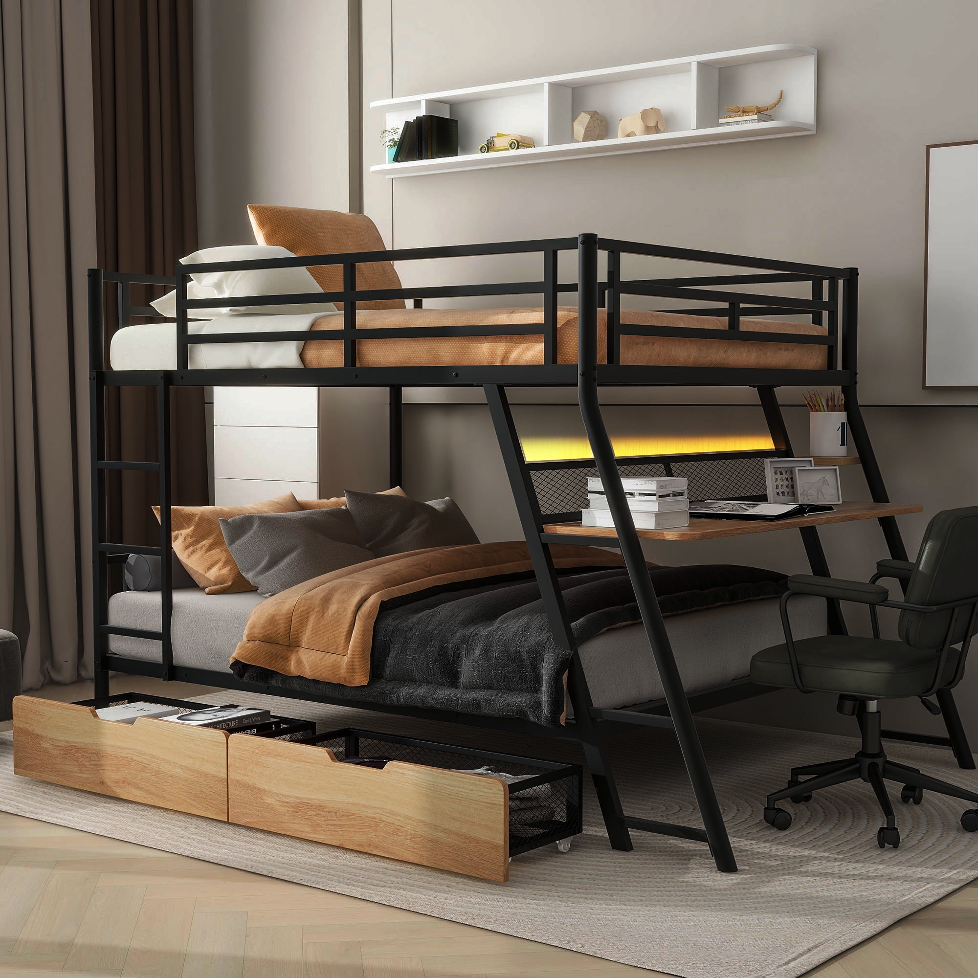 Kumix Full over Full Size Metal Bunk Bed with Desk & LED Lights, Gaming ...