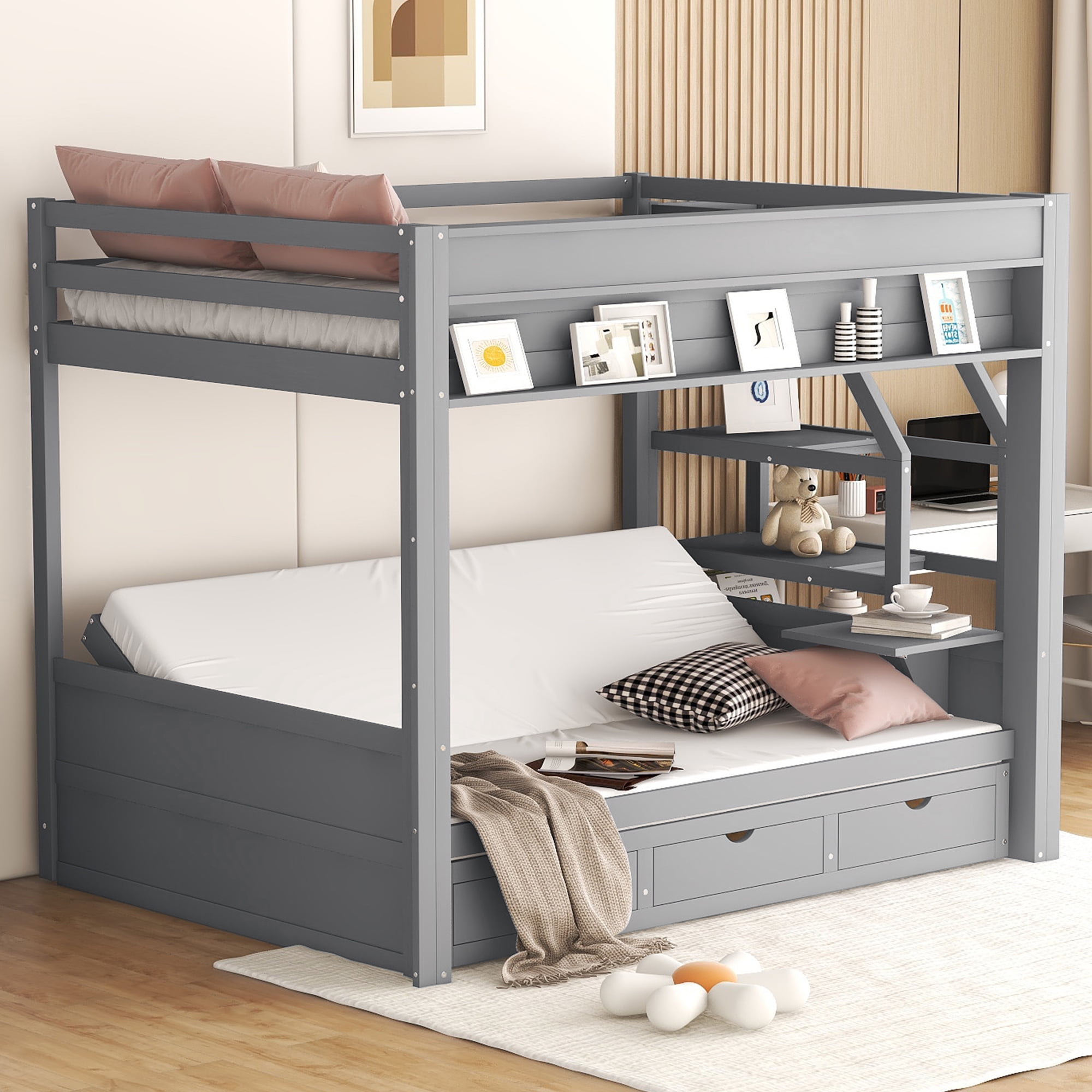 Kumix Full Size Bunk Bed, Wooden Bed with Storage Staircase, Fold-Down ...