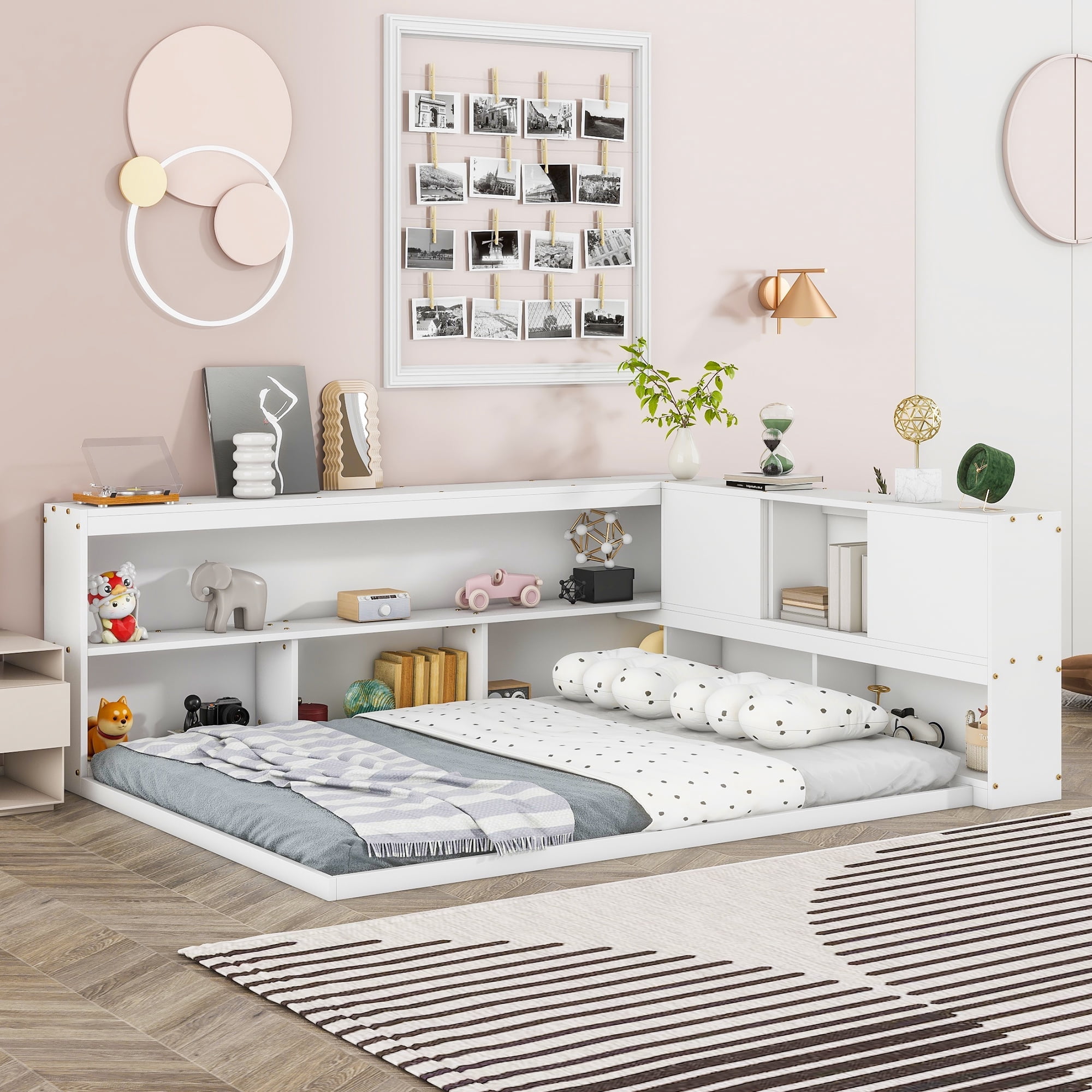 Kumix Full Size Floor Bed with L-shaped Bookcases, Wooden Floor Bed ...