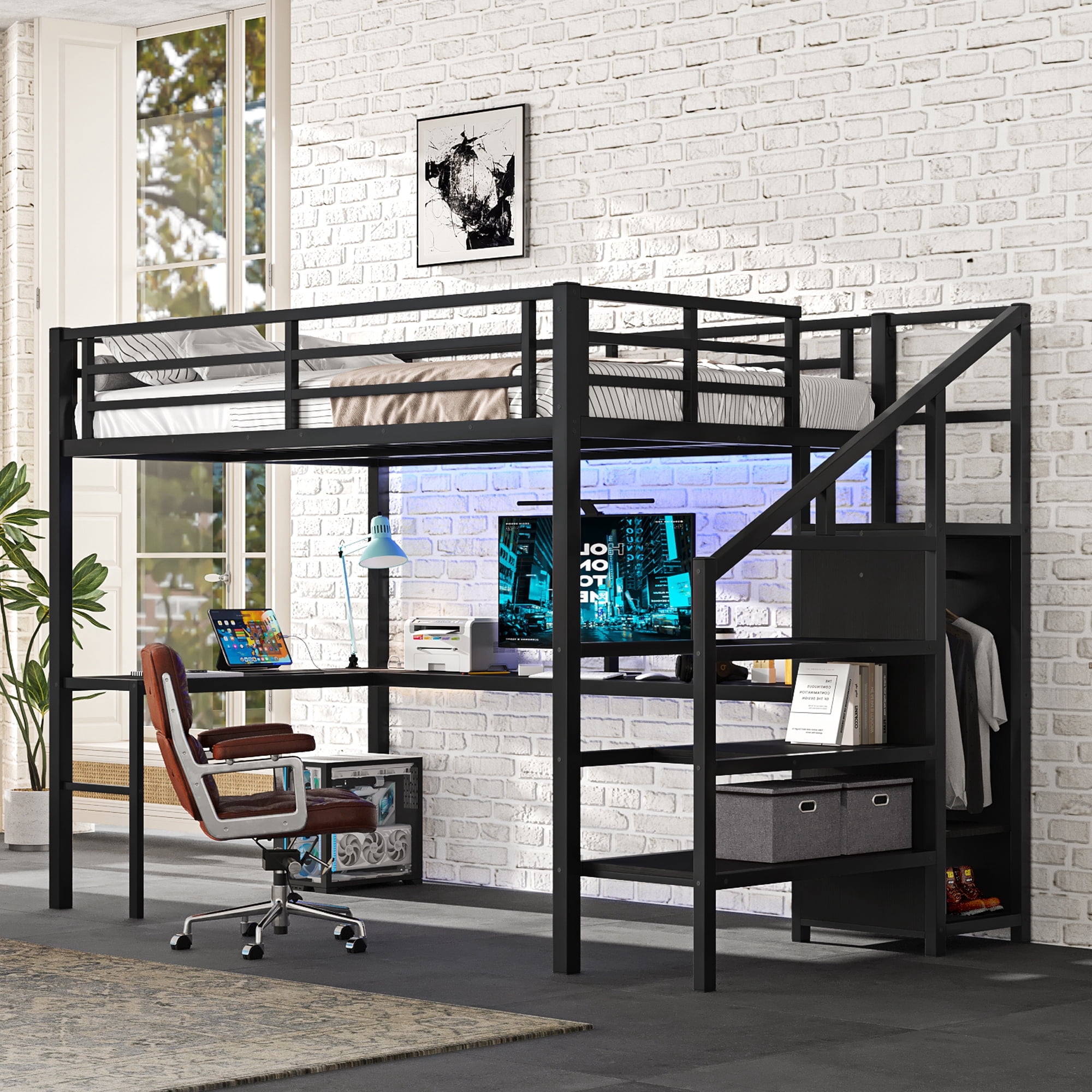 Kumix Full Size Loft Bed with L-shaped Desk and USB, Metal Loft Bed ...