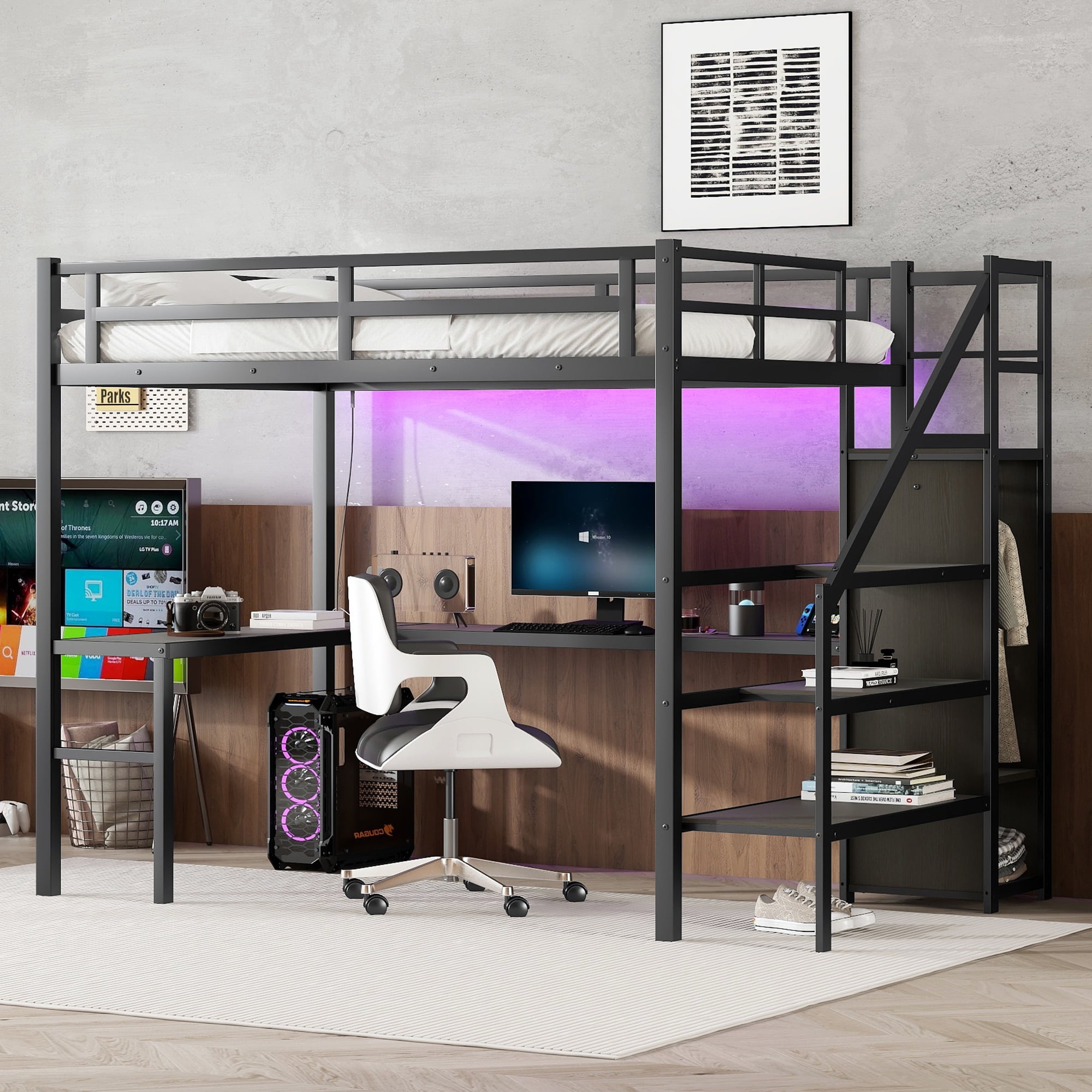 Kumix Full XL Size Loft Bed with Desk and USB, Metal Loft Bed with ...