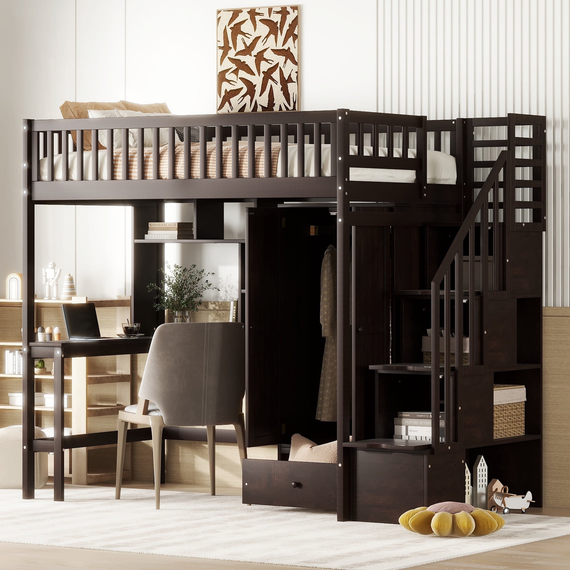 Kumix Loft Bed Twin Size with Desk, Wood Loft Bed with Bookshelf ...