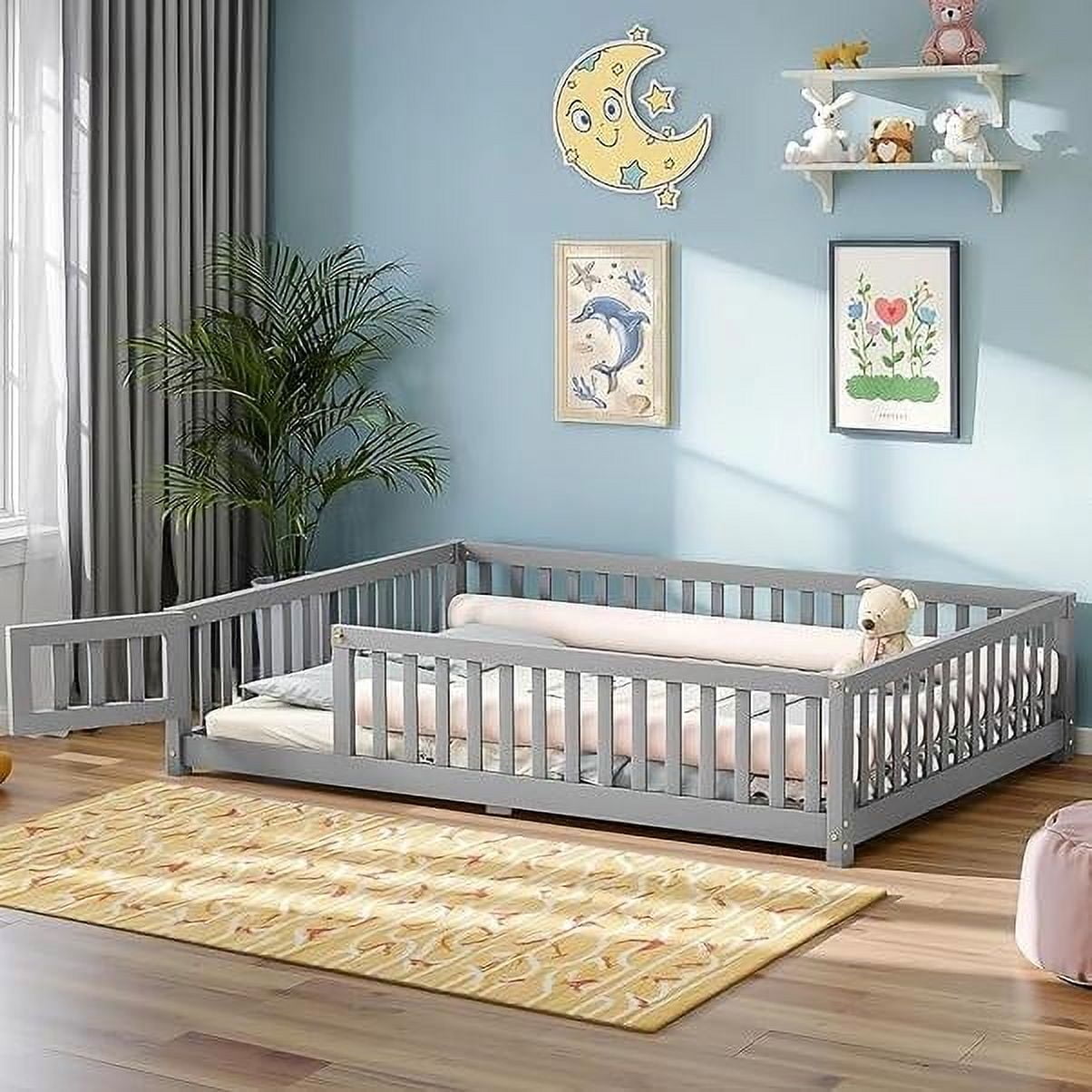 Kumix Toddler Floor Bed with Fence Guardrail and Door, Wooden Twin Size ...