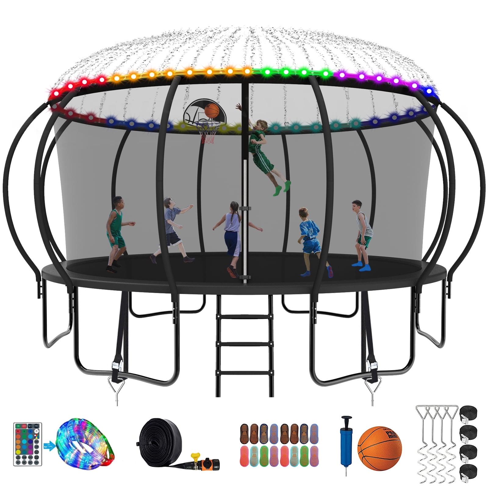 Kumix Trampoline 12 14 15 16FT with Enclosure, Basketball Hoop, LED ...