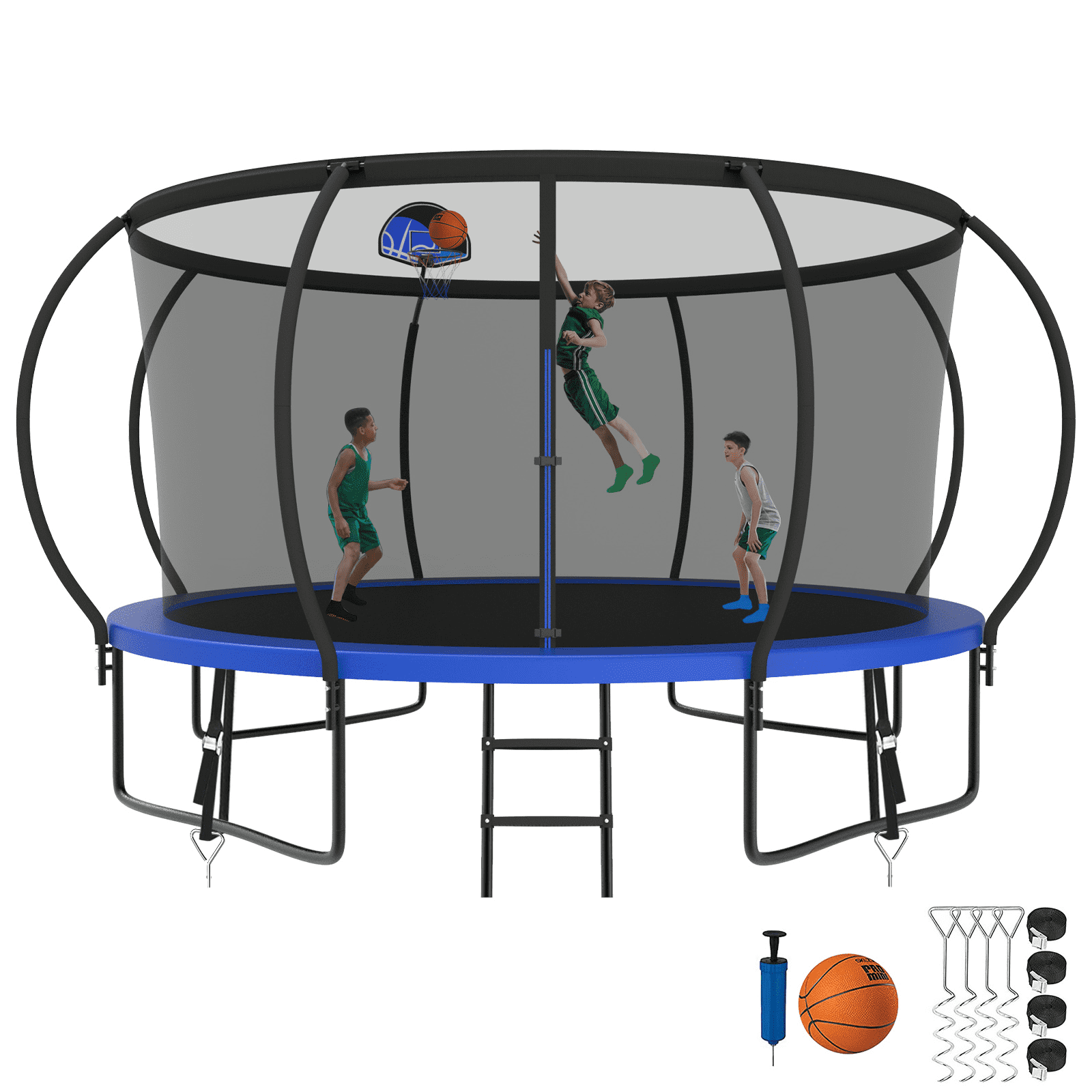 Kumix 12FT Trampoline with Enclosure, Basketball Hoop, Ladder, Wind ...