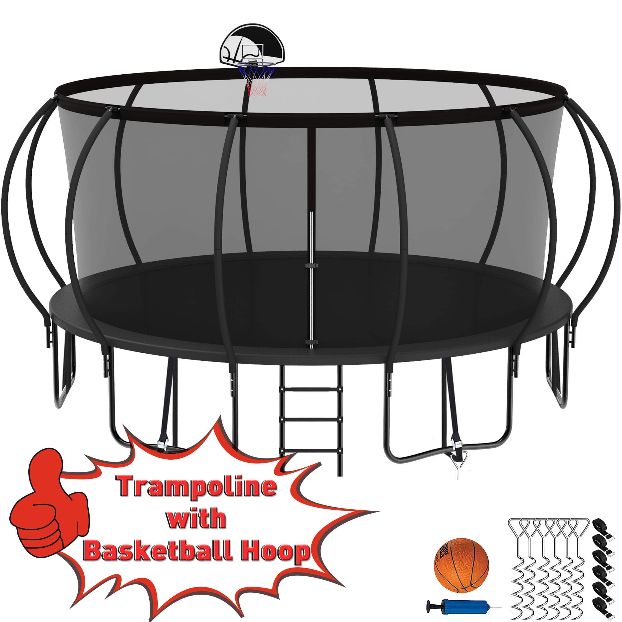 Kumix Trampoline 1500LBS for 10 Kids/ 6 Kids, 16FT Trampoline with Enclosure, Basketball Hoop ...