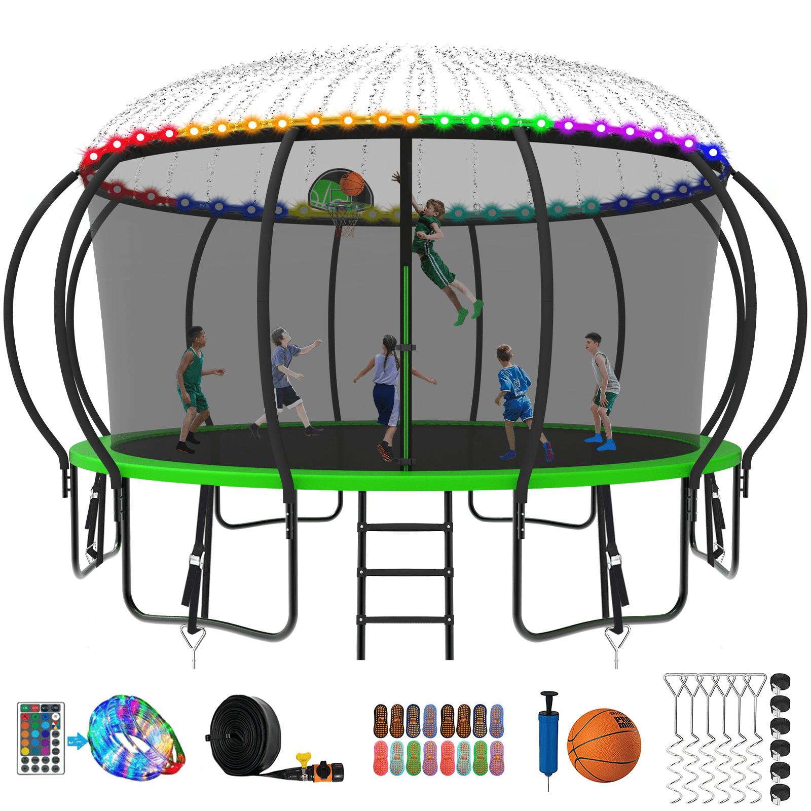 Kumix 16FT Trampoline with Enclosure, Basketball Hoop, LED Light ...