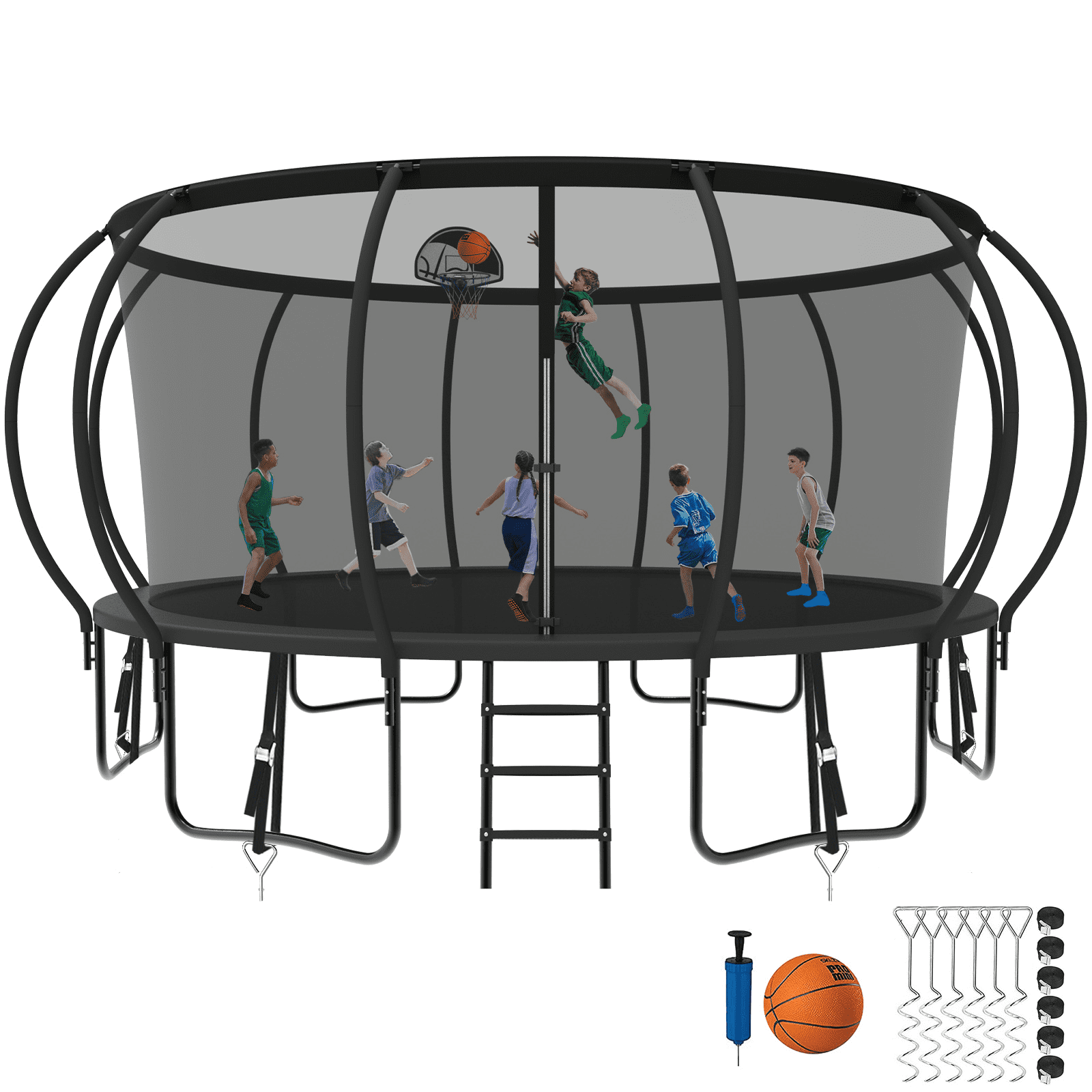 Kumix 16FT Trampoline with Enclosure, Basketball Hoop, Ladder, Wind ...