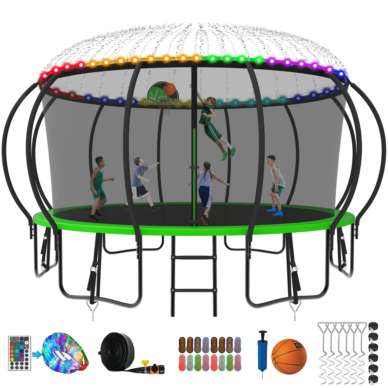 Kumix 15FT Trampoline with Enclosure, Basketball Hoop, LED Light ...