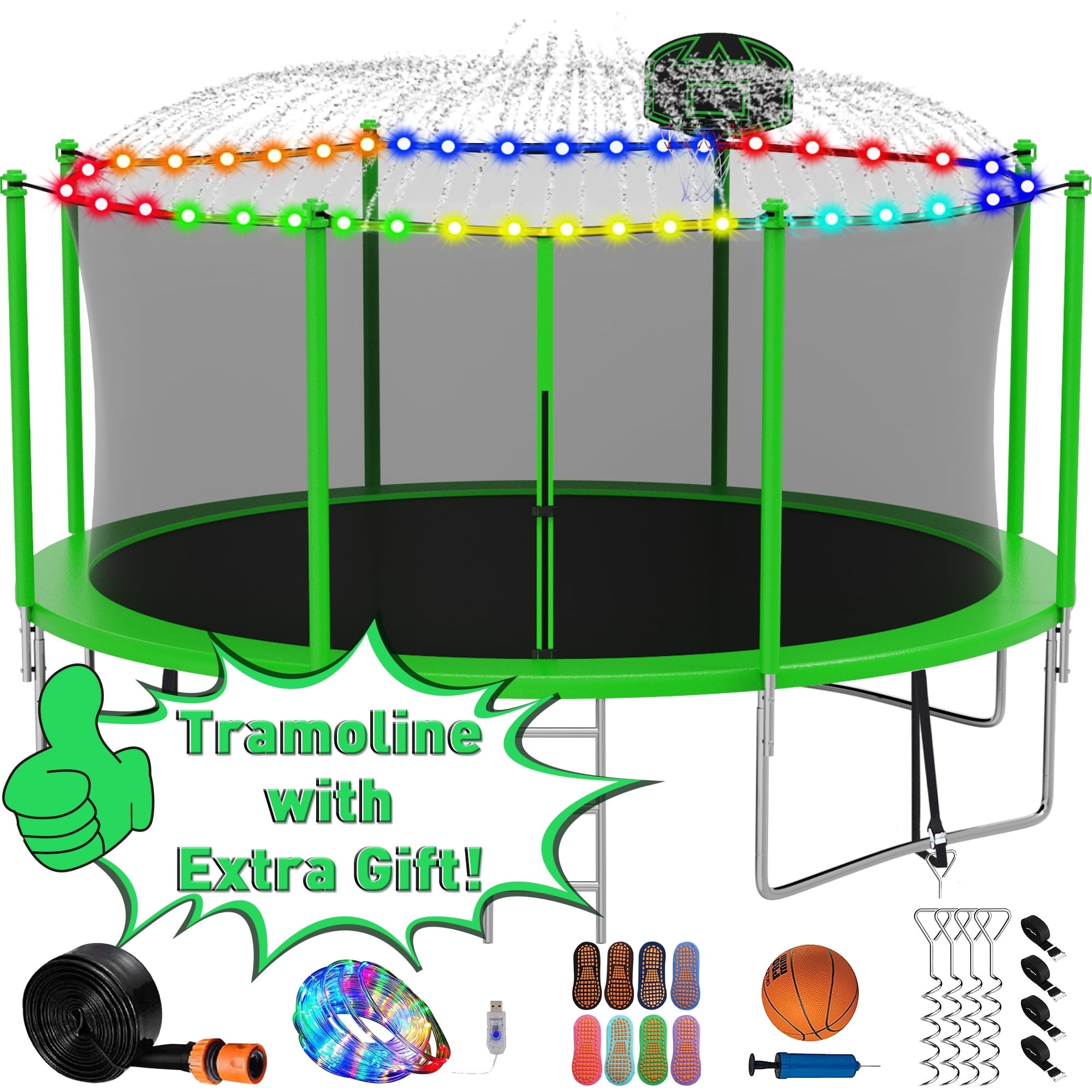 Kumix 14FT Trampoline with Enclosure Net, LED Lights, Ladder, 1400LBS ...