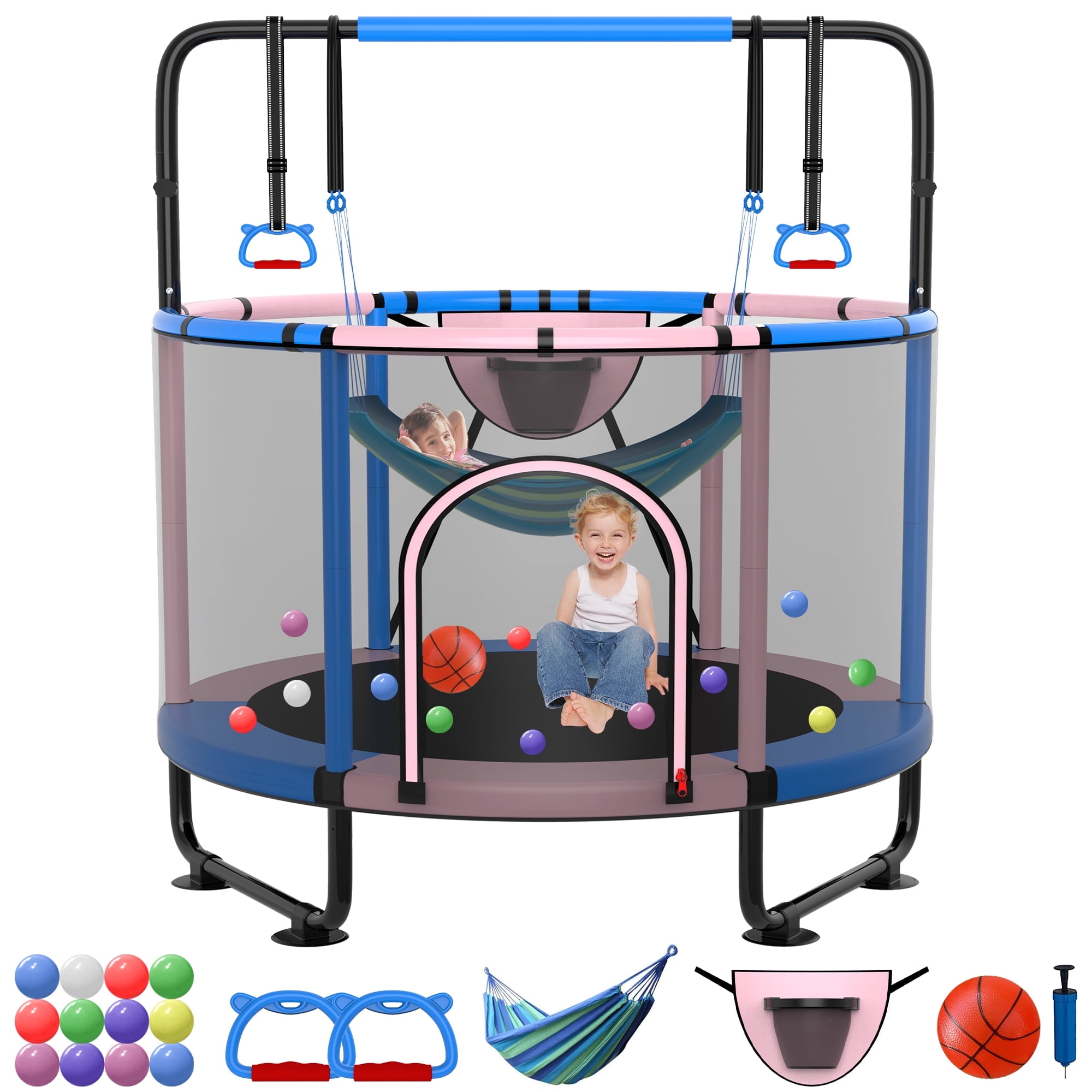 Kumix 60'' Kids Trampoline with Enclosure, Swings, Hoop, Adjustable ...