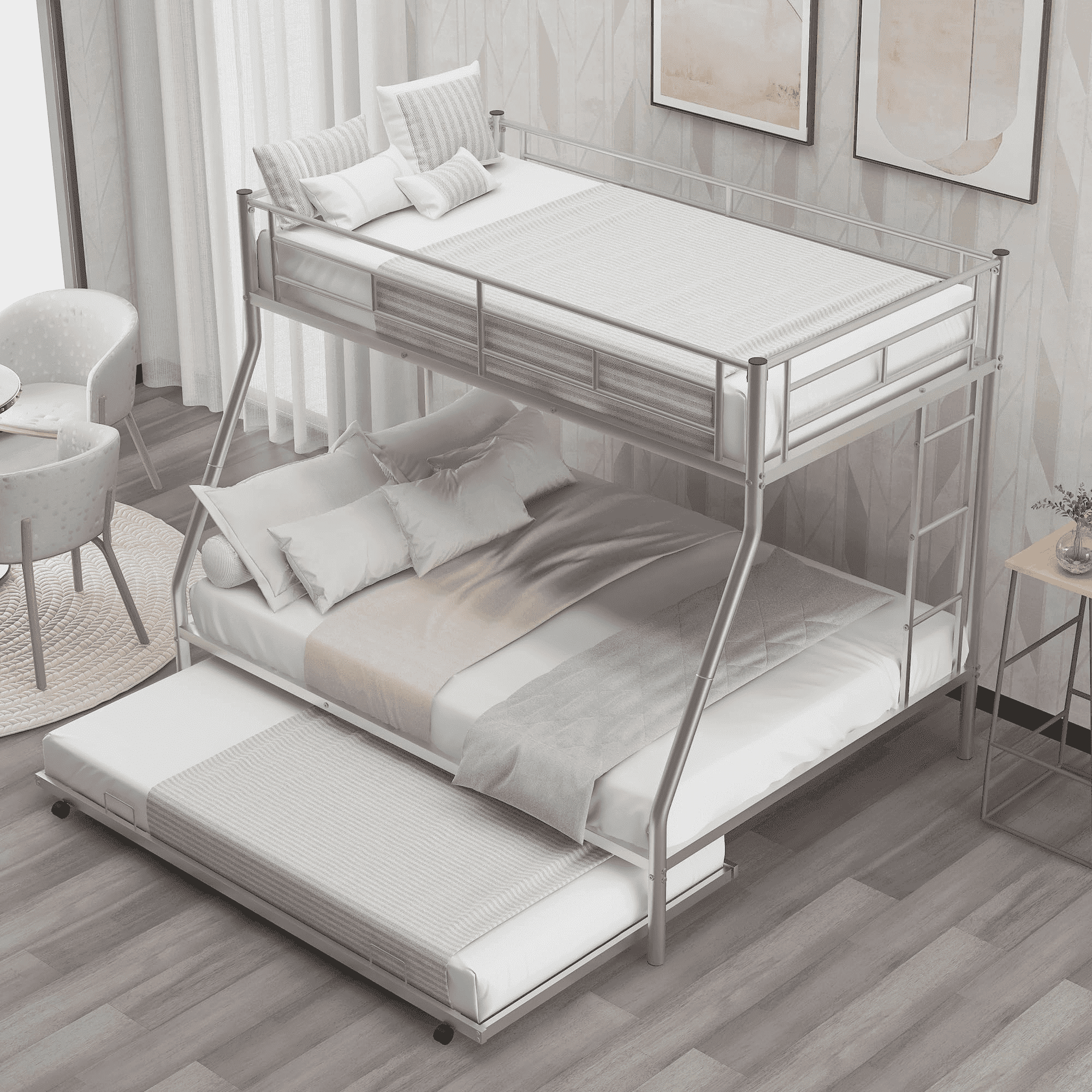 Jump Into Fun Solid Metal Bunk Bed with Trundle, Twin over Full, 3 in 1 ...