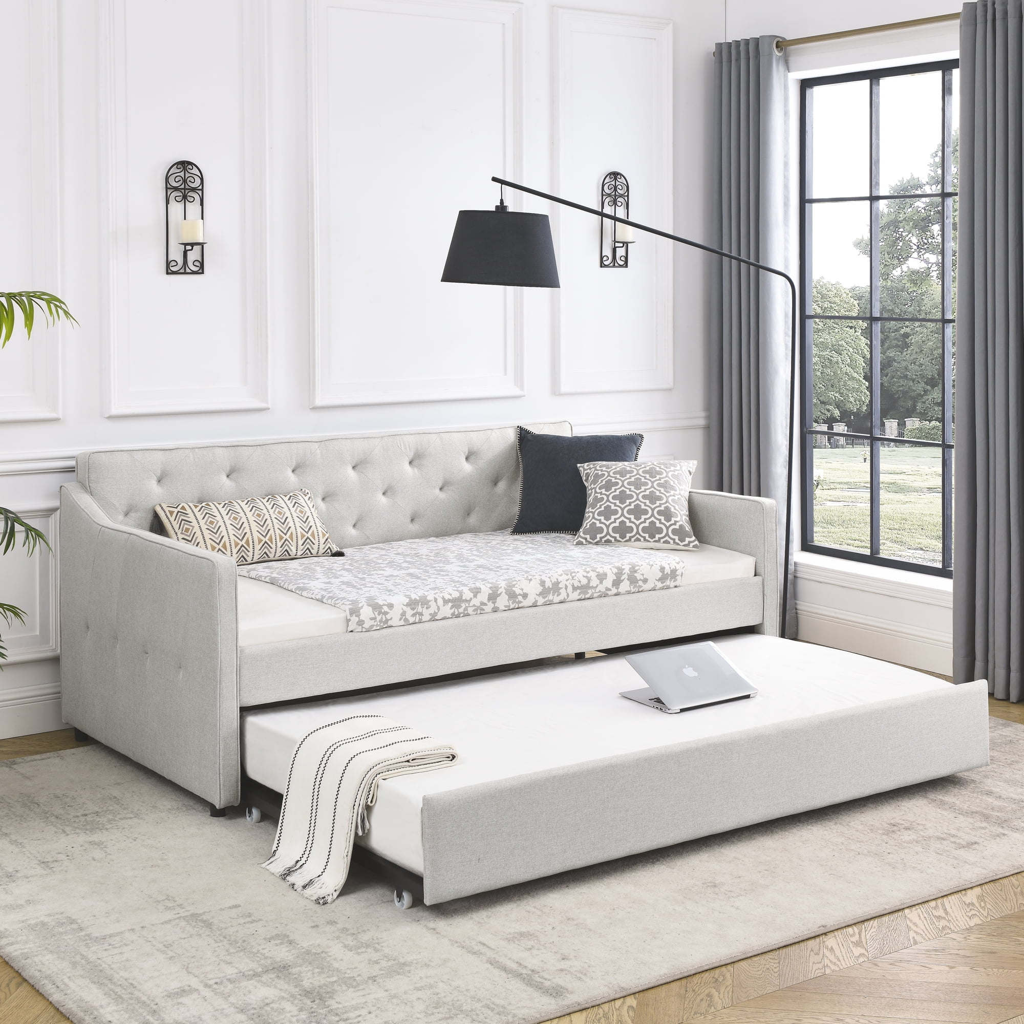 Kumix Twin Size Daybed with Trundle, Upholstered Tufted Sofa Bed with ...