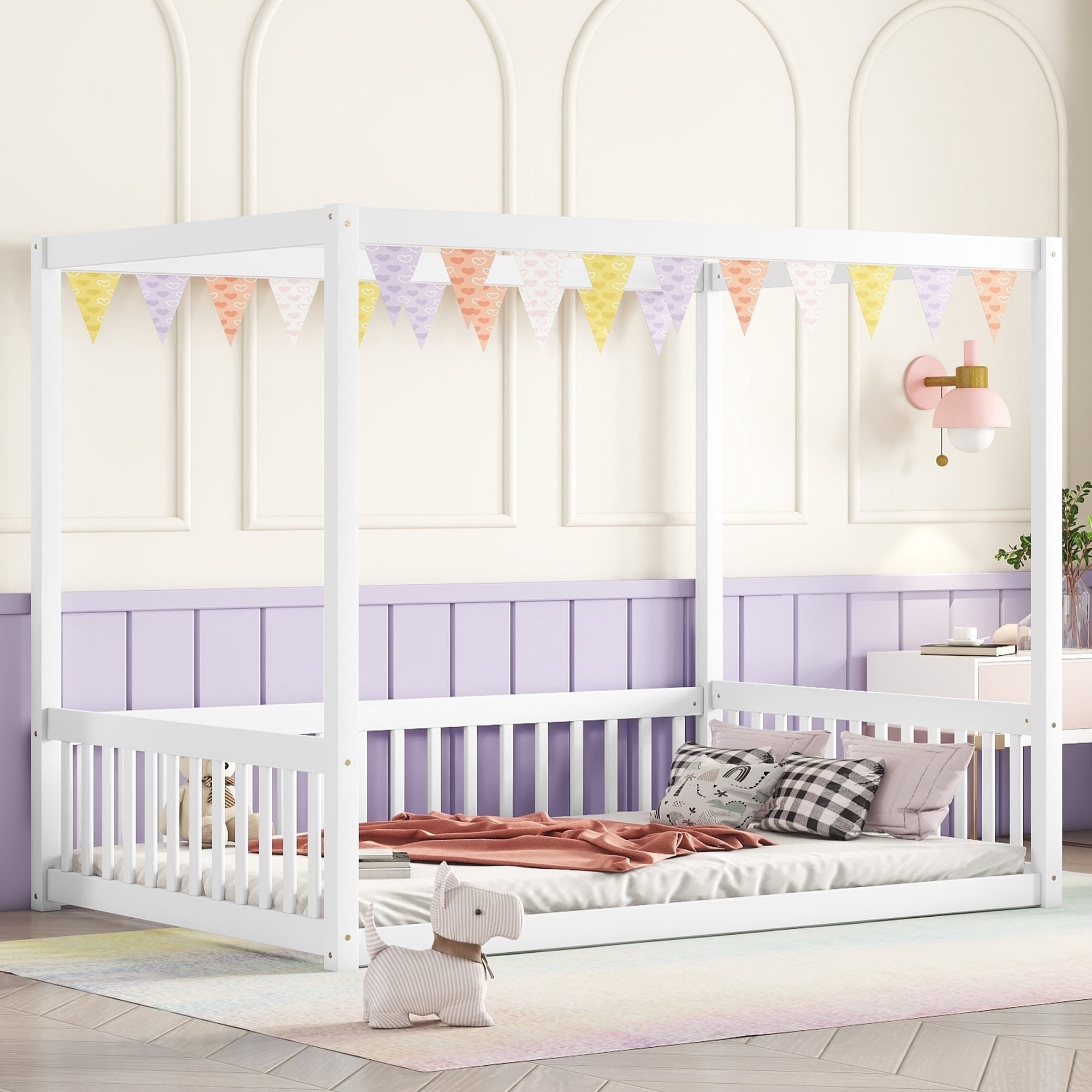 Kumix Wood Canopy Frame Floor Bed with Fence Guardrails and a Roof ...