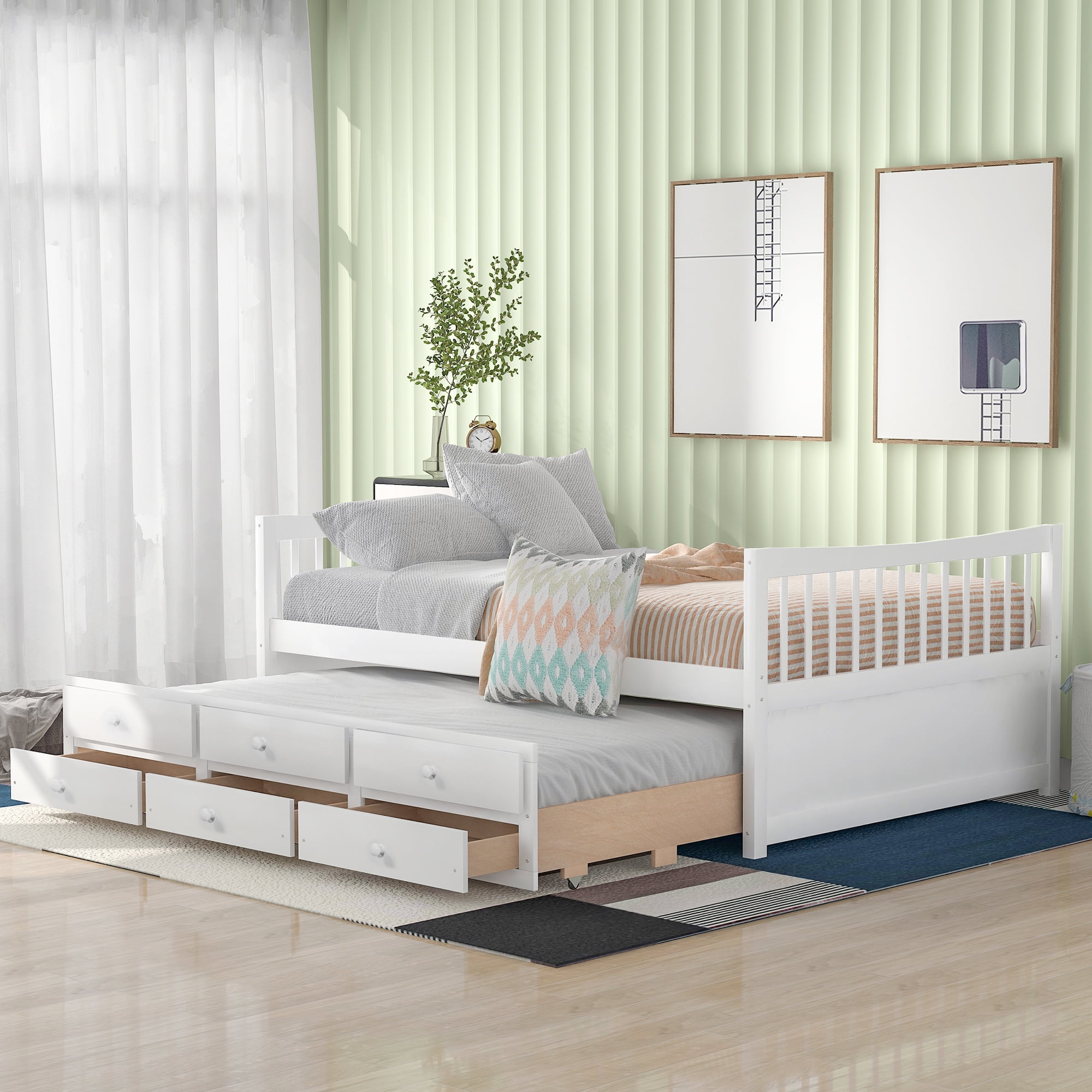 Kacho Full Size Daybed with Twin size Trundle, Wood Daybed with Storage ...