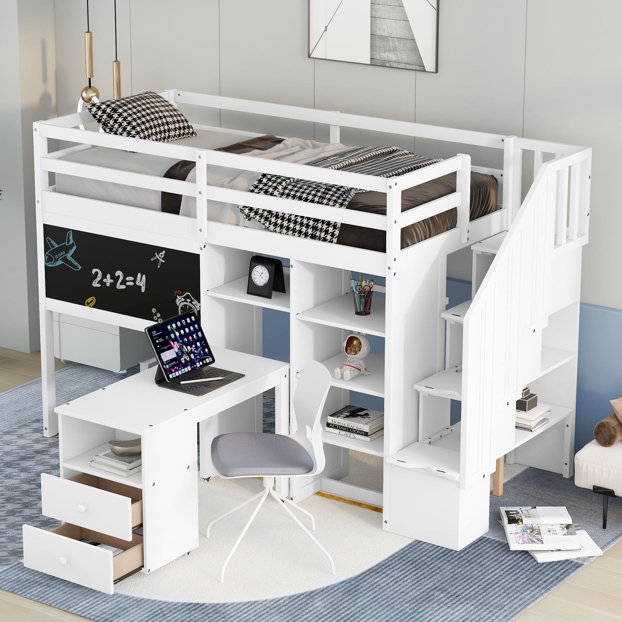 Kacho Twin Size Loft Bed with Pullable Desk and Storage Shelves ...