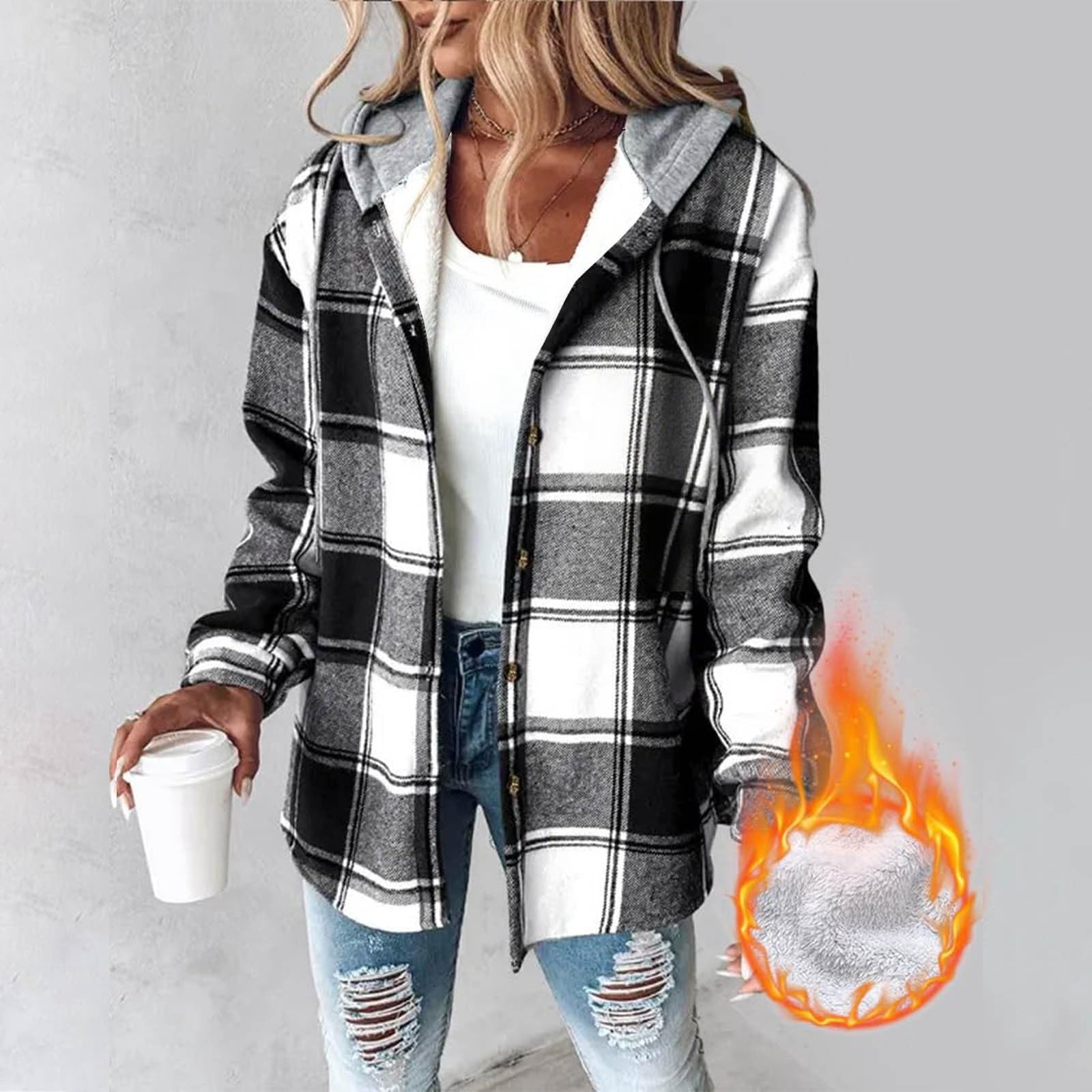 Kunaik Women'S Fleece Lined Winter with Hood Baggy Shackets Winter ...