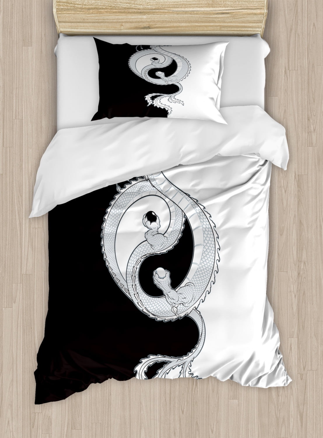 Kung Fu Duvet Cover Set Twin Size, Oriental Themed Swirling Dragon with ...