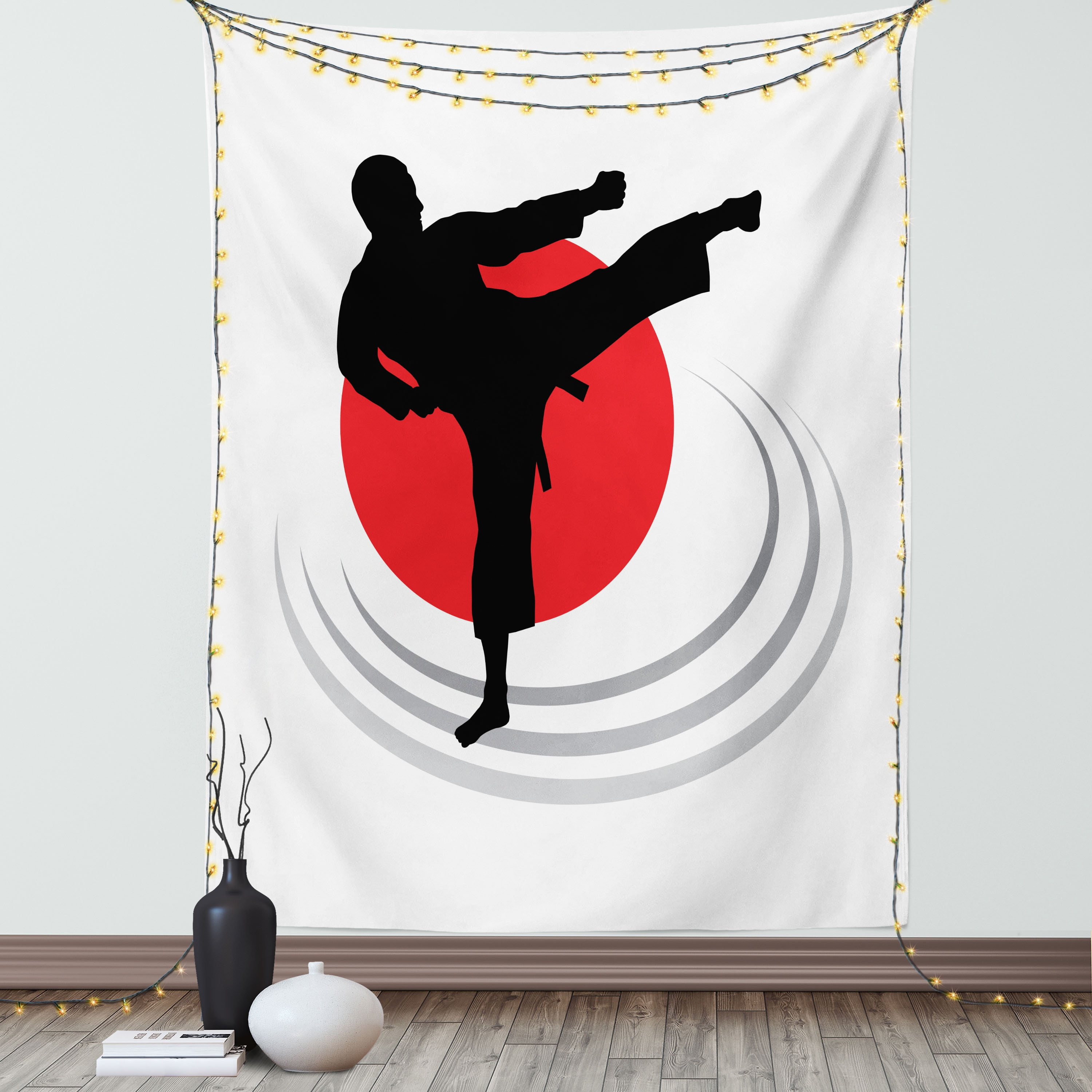 Kung Fu Tapestry, Karate Kicking Man Silhouette on Japanese Flag ...