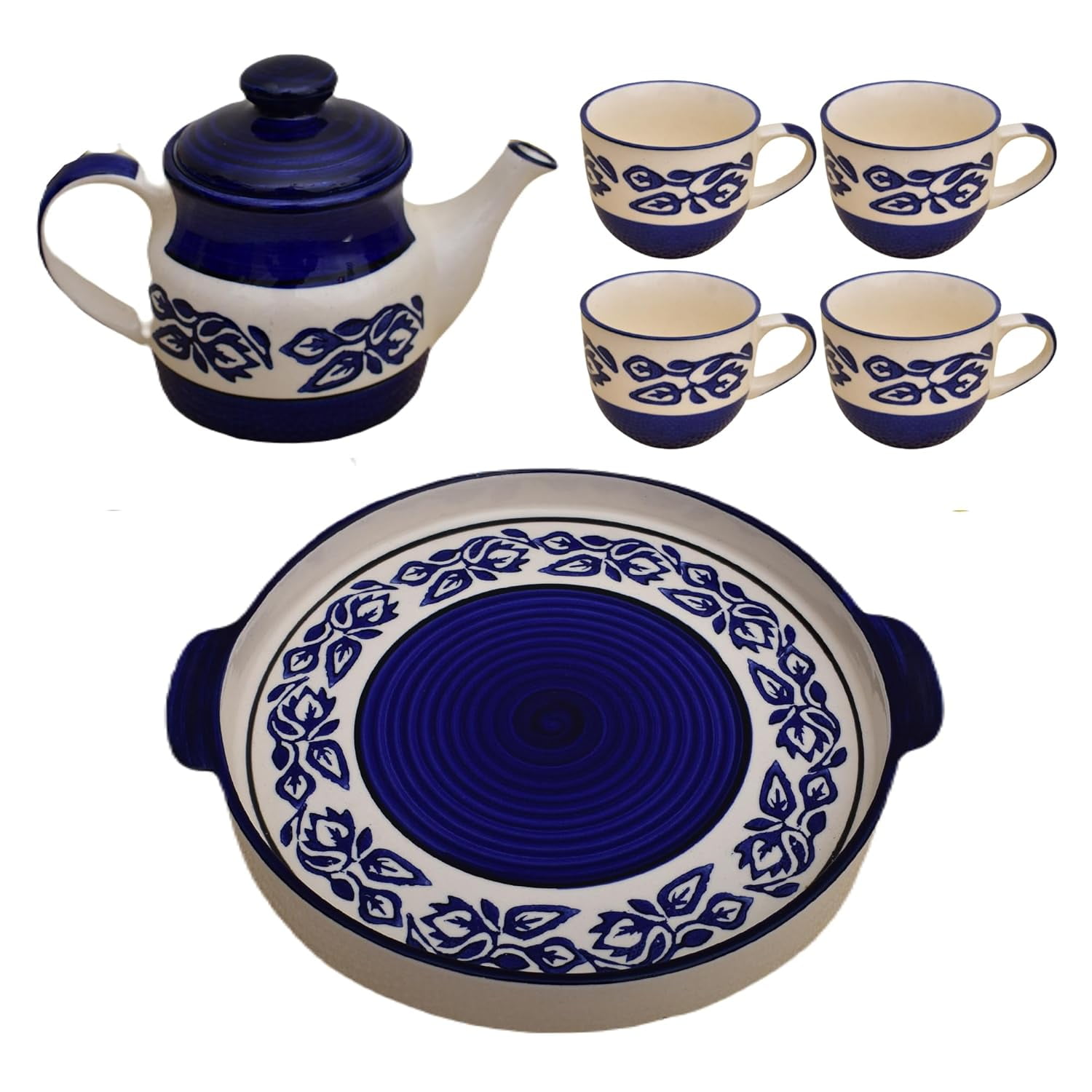 KunhaR Ceramic Morning Set Blue Flower 1 Tray 4 Cups 150 ml and 1 ...