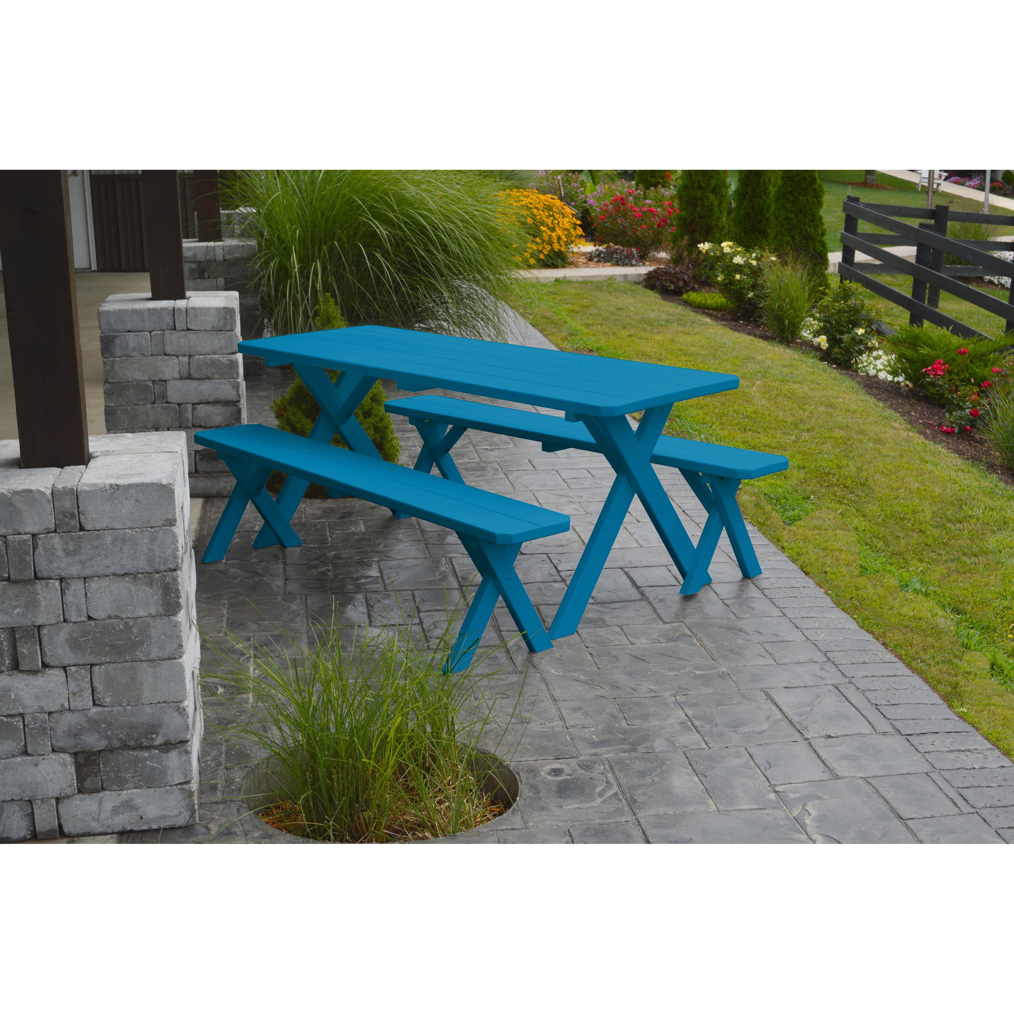 Kunkle Holdings, LLC Pine 5' Cross-Leg Picnic Table with 2 Benches ...