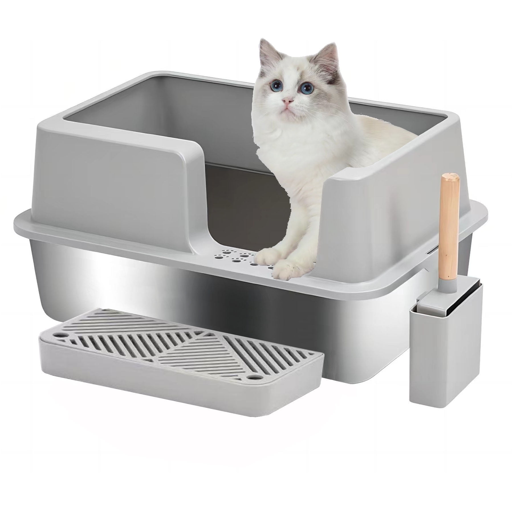 KUNWU Stainless Steel Cat Litter Box, Semi-closed, 24"x 16"x 12", Anti ...