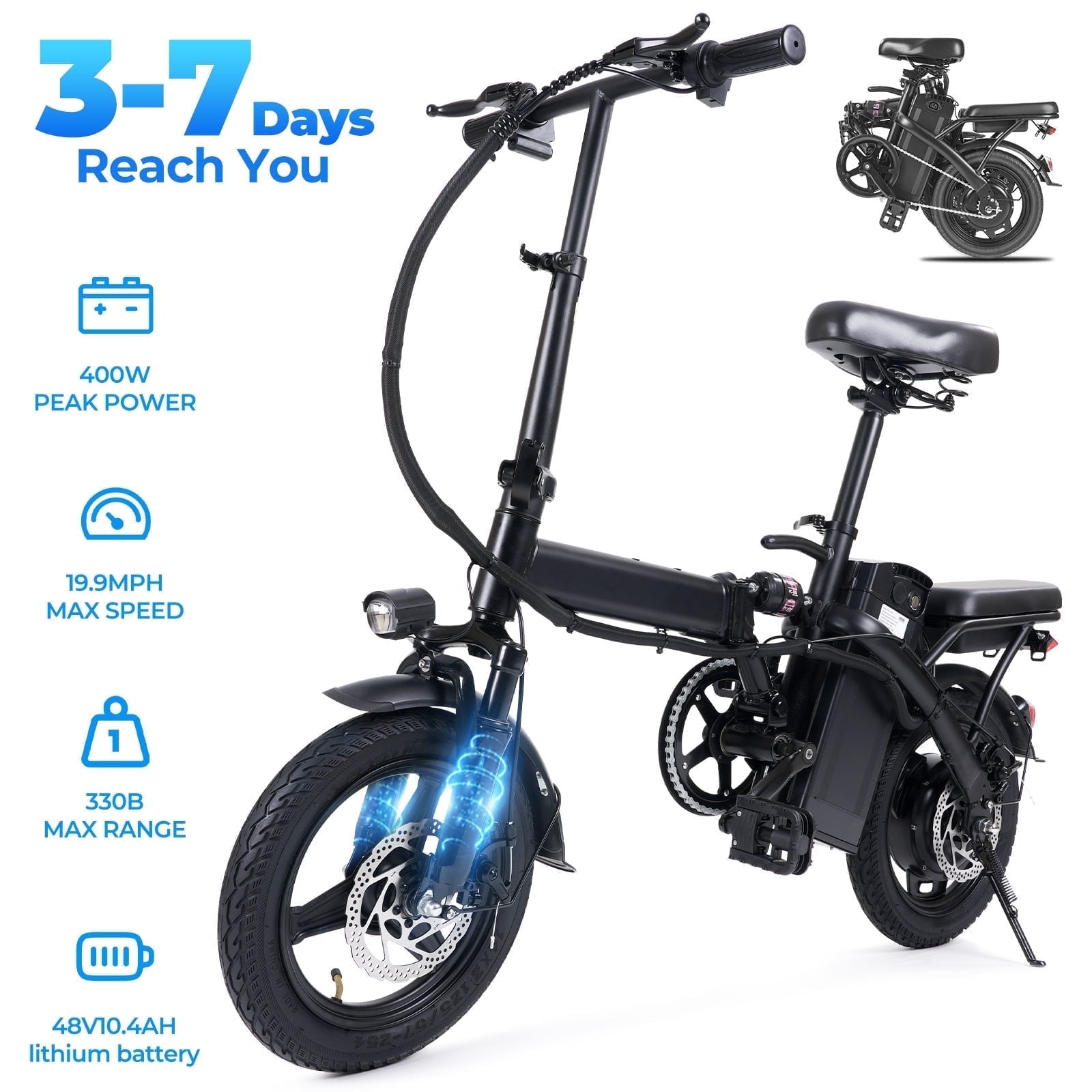 Kunyun 48V 400W Electric Bikes,14" Tires, 20mph, 19-22mi Range, Dual ...